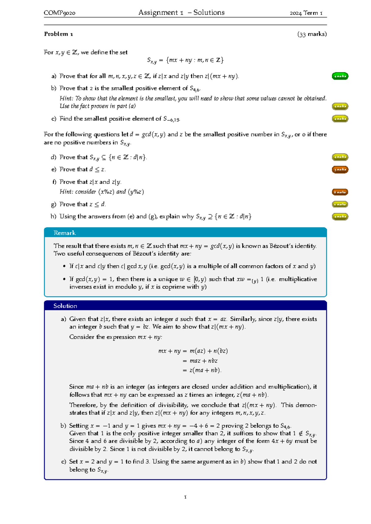 Assignment 1 solutions - COMP 9020 Assignment 1 – Solutions 2024 Term 1 Problem 1 ( 33 marks ...