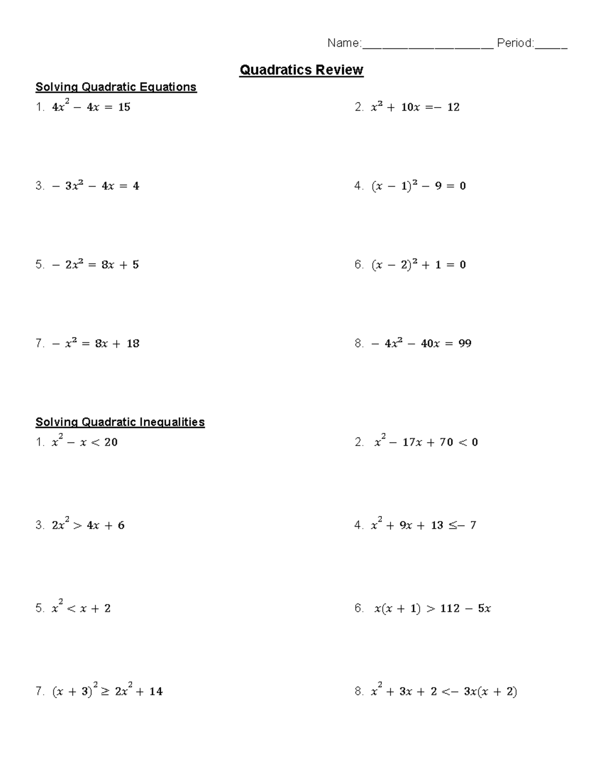Quadratics Test #2 Review - Name:____________________ Period ...