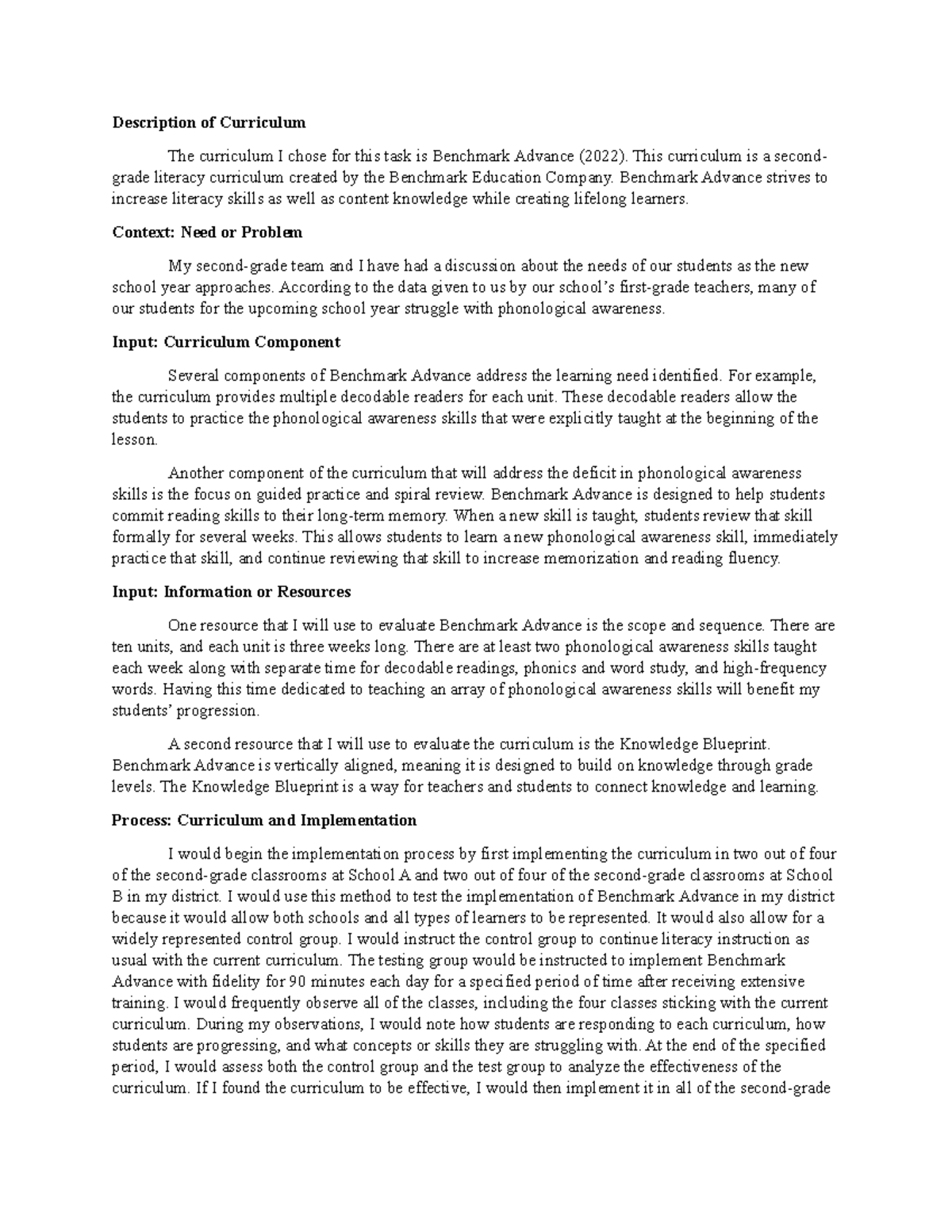 D630 Task 2 - Passed - Description of Curriculum The curriculum I chose ...