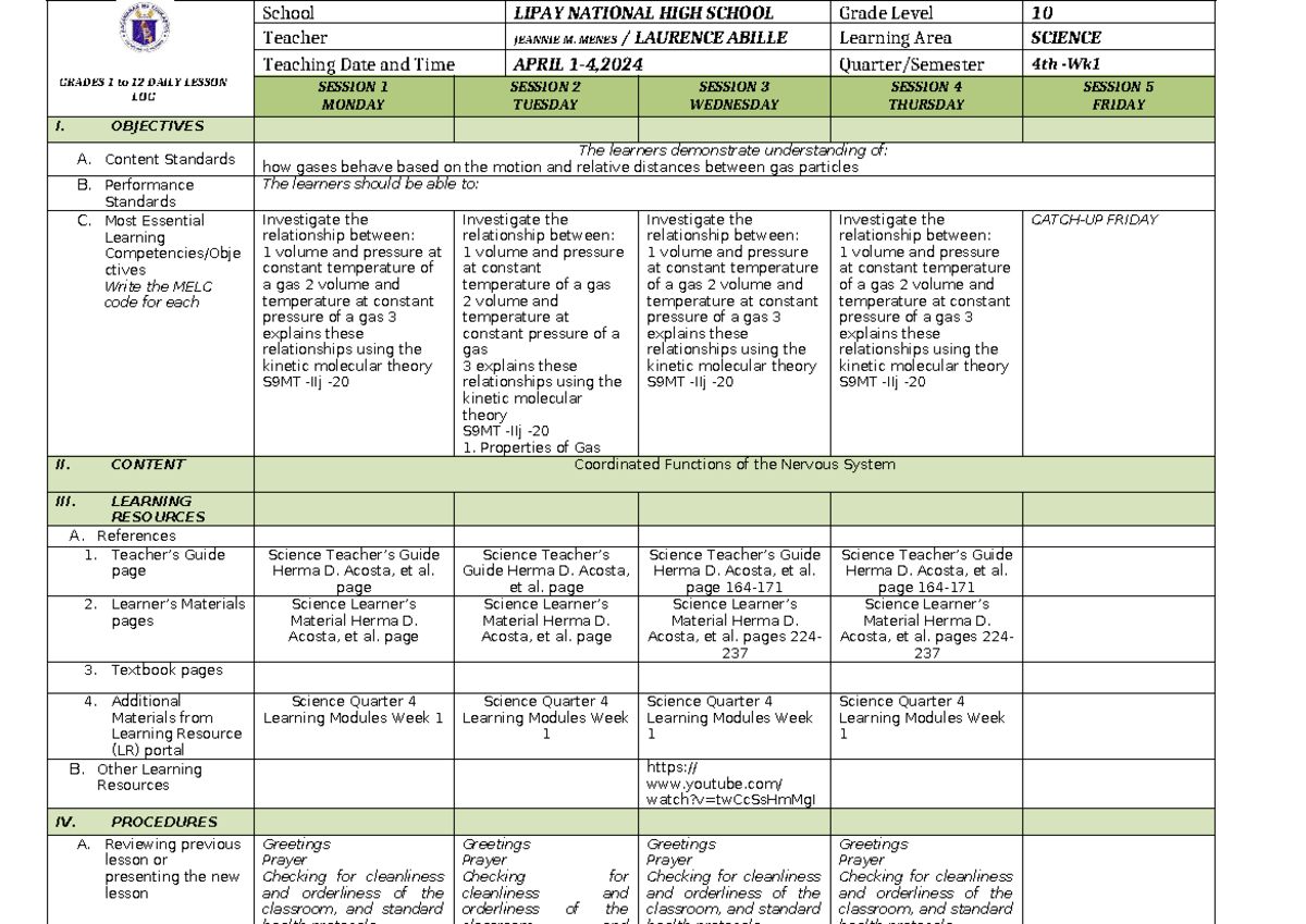 SCI 10 DLL q4-Wk1 - just for requirements to download - School LIPAY ...
