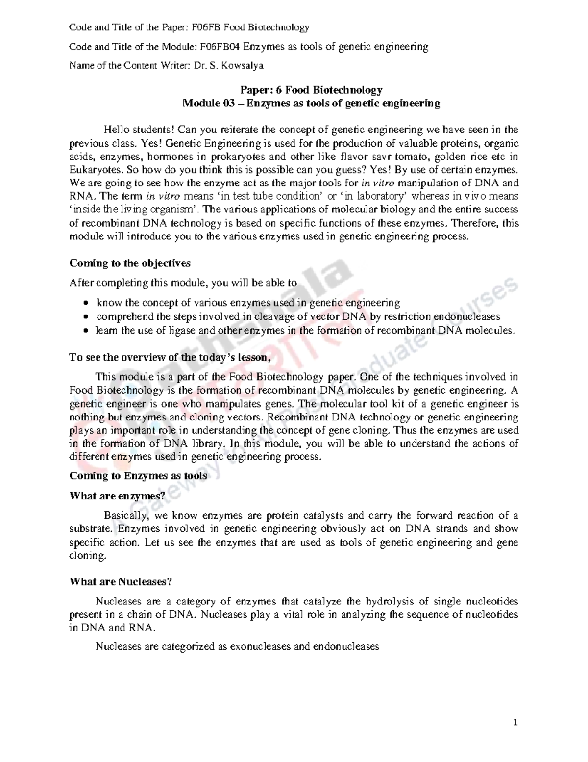 4. Enzymes AS Tools OF Genetic Engineering - Code and Title of the ...