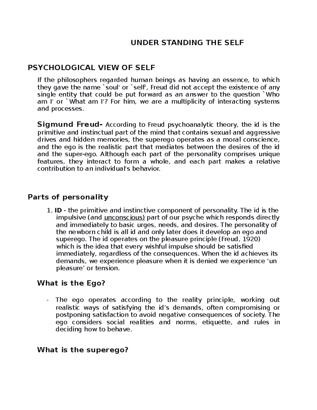Under Standing The Self 2 - UNDER STANDING THE SELF PSYCHOLOGICAL VIEW ...