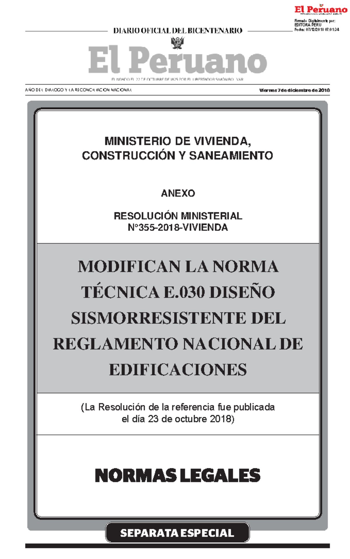 Norma E-030 7 Dic 2018 .pdf - MINISTERIO DE VIVIENDA, CONSTRUCCIÓN Y SANEAMIENTO SEPARATA ...