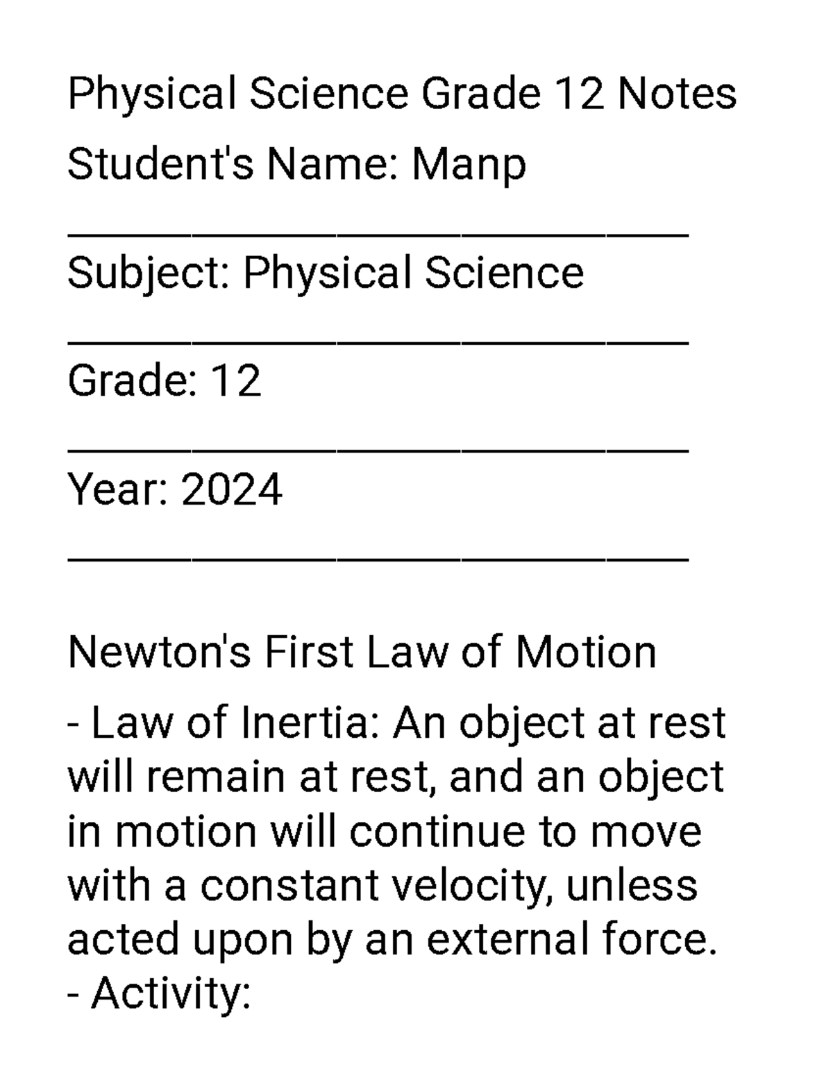 Physics gr 12 - Study notes - Physical Science Grade 12 Notes Student's ...