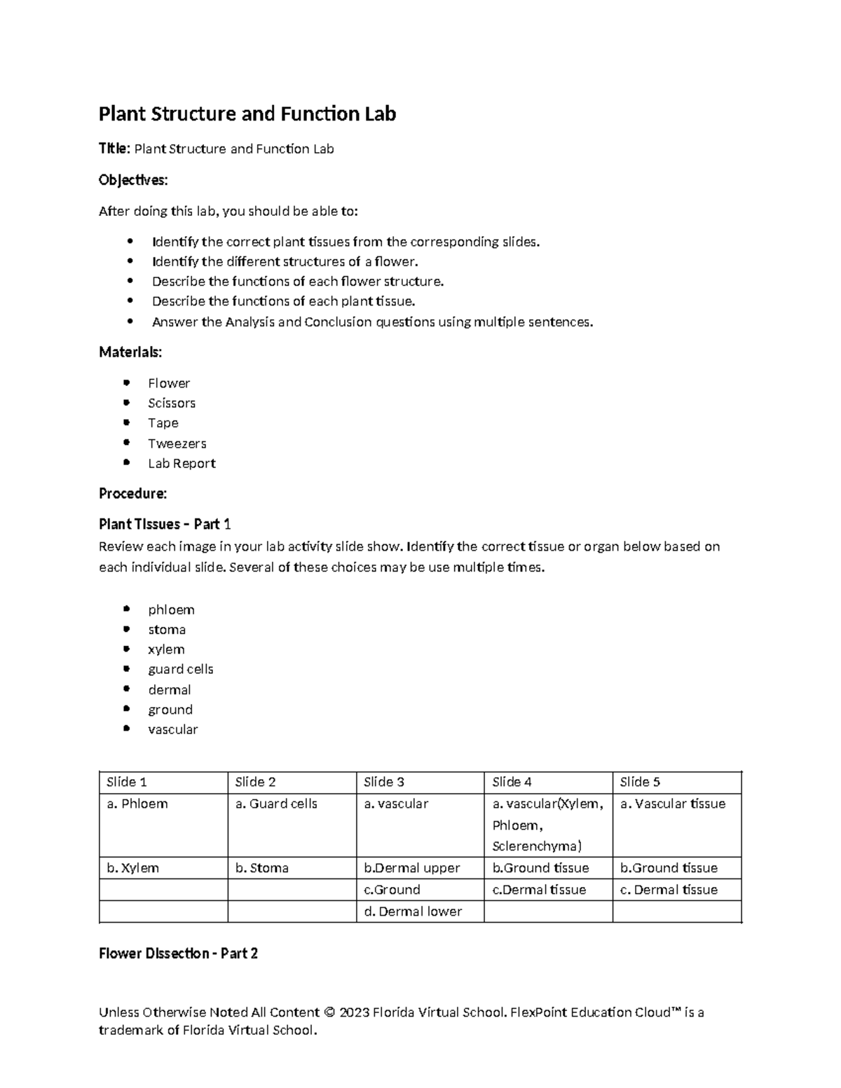 Virtual plants lab report - Plant Structure and Function Lab Title: Plant Structure and Function ...
