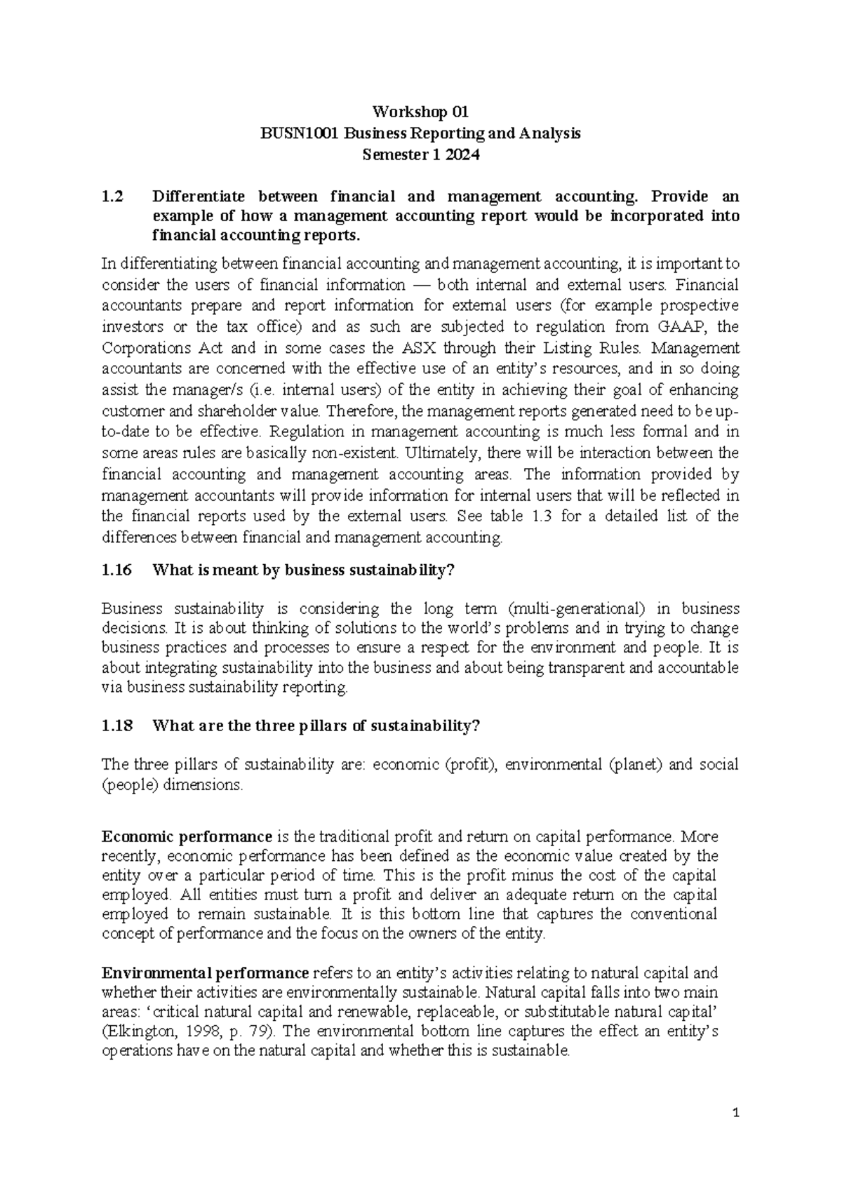 Workshop 01 - Week 1 - Workshop 01 BUSN1001 Business Reporting and ...
