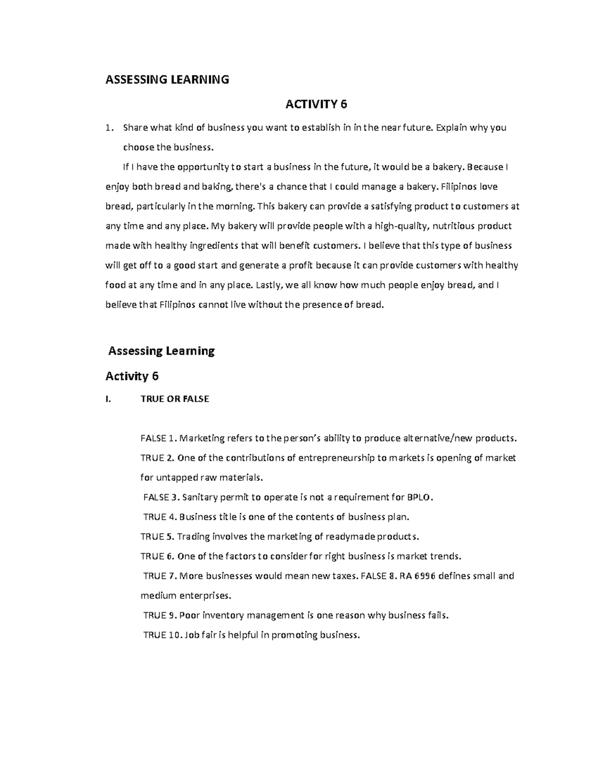 Assessing Learning activity 6 - ASSESSING LEARNING ACTIVITY 6 Share ...