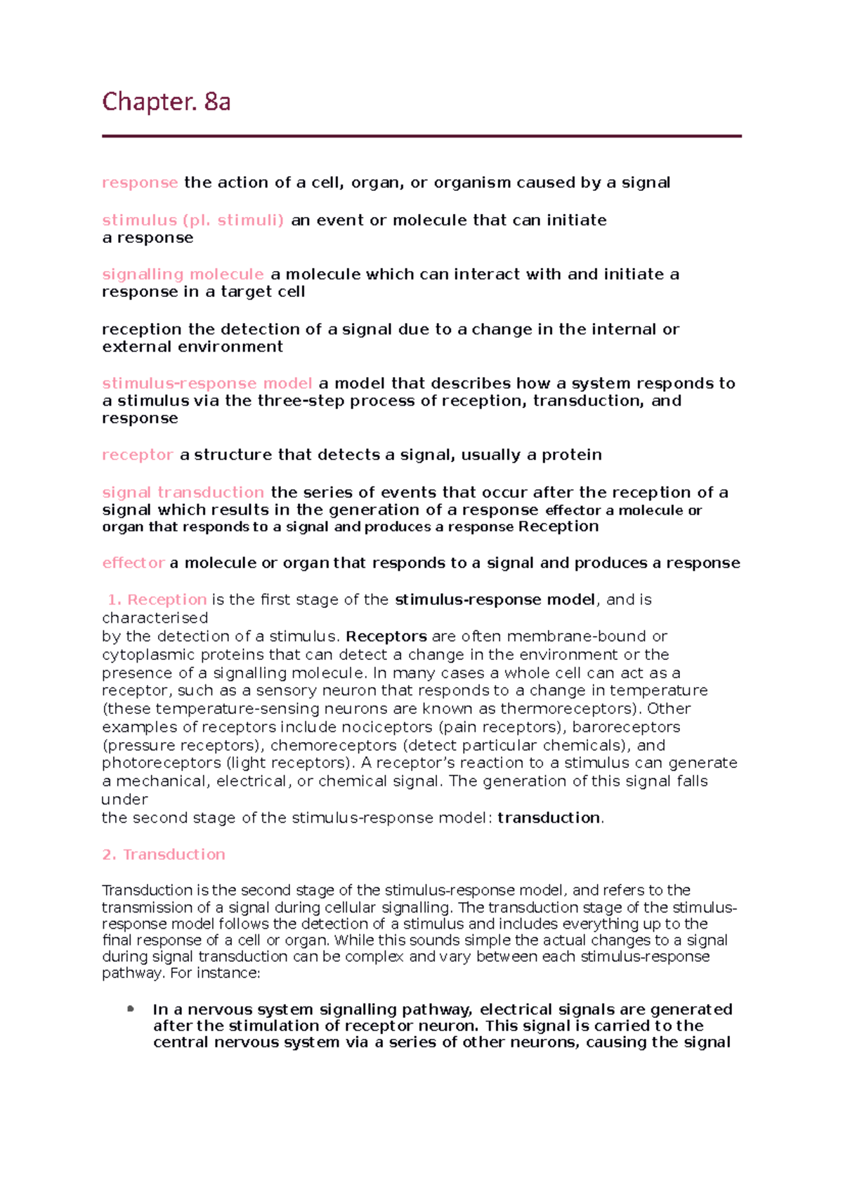 Chapter 8 biology summary notes aos 2 - Chapter. 8a response the action ...