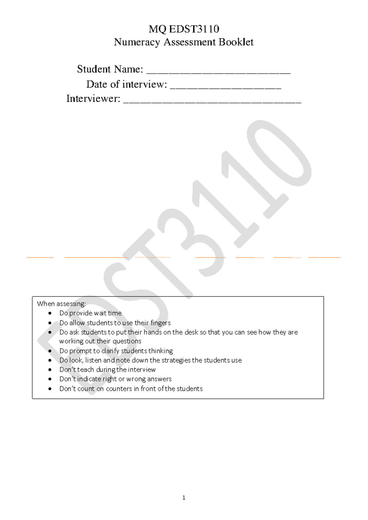 EDST3110 Numeracy Assessment Book Aspect 2and4 (1) (8) - MQ EDST ...