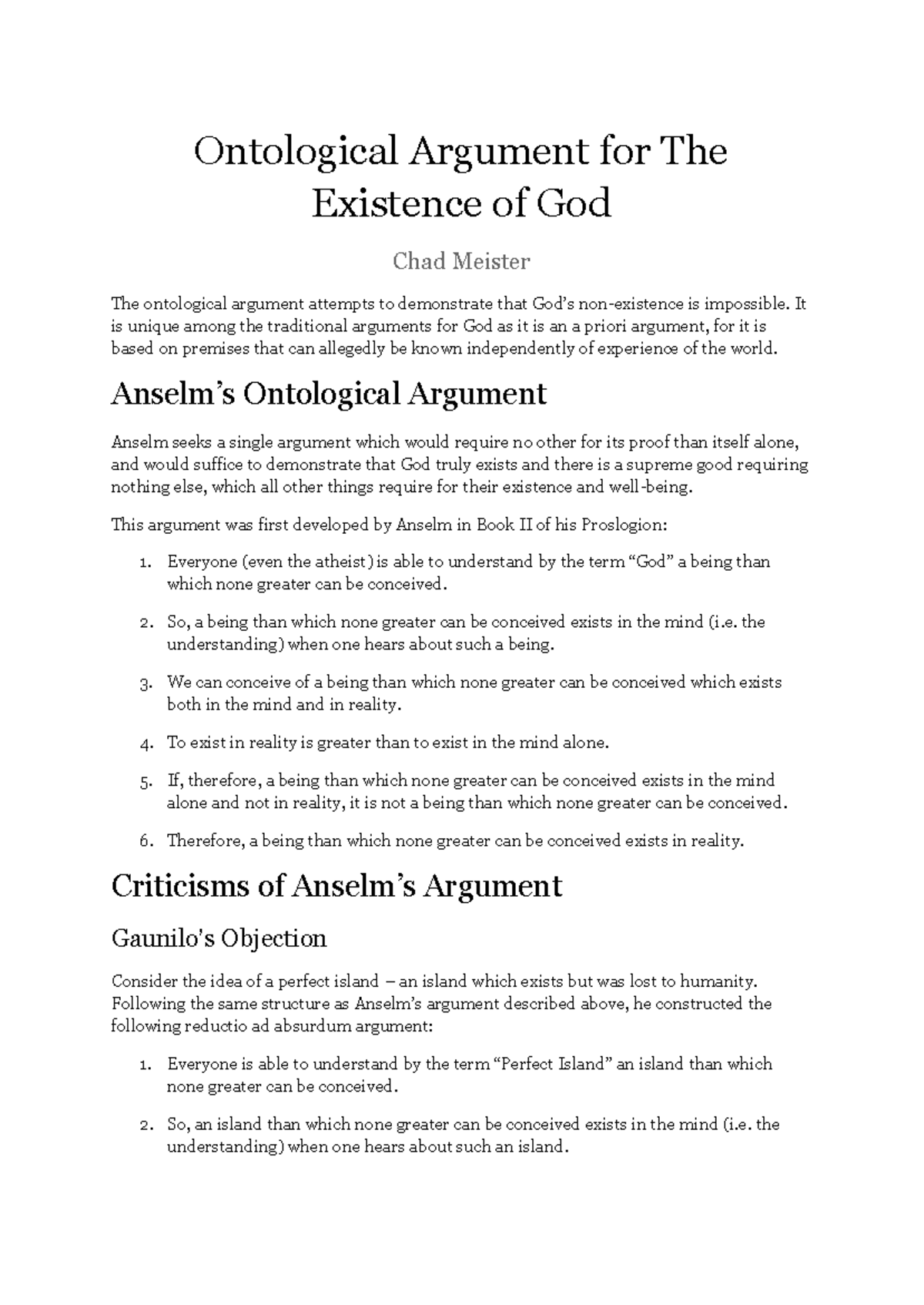 Ontological Argument for the Existence of God - Ontological Argument ...