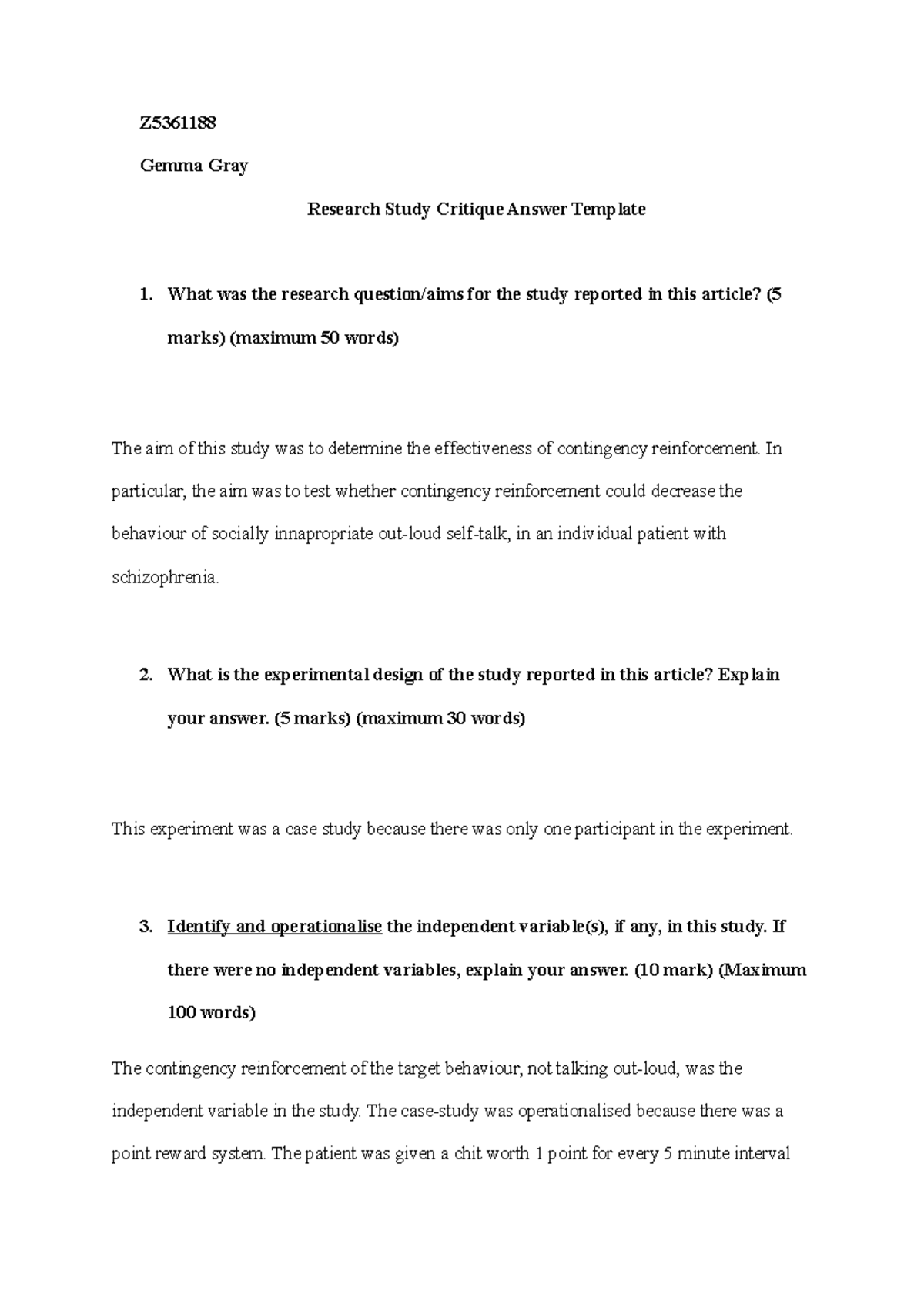 Research methods assessment 1 - Z Gemma Gray Research Study Critique ...