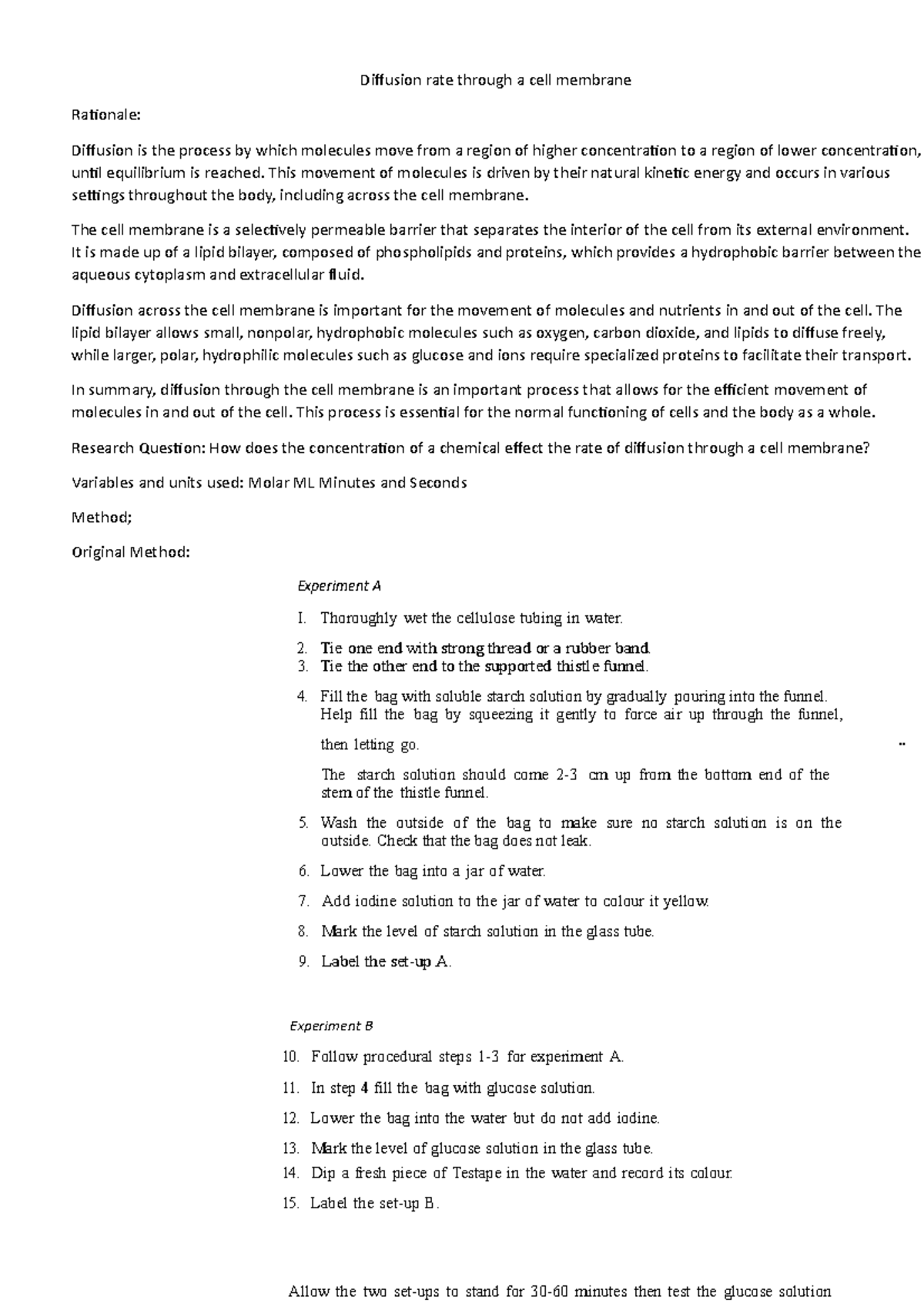 Student Experiment Draft - Diffusion rate through a cell membrane ...