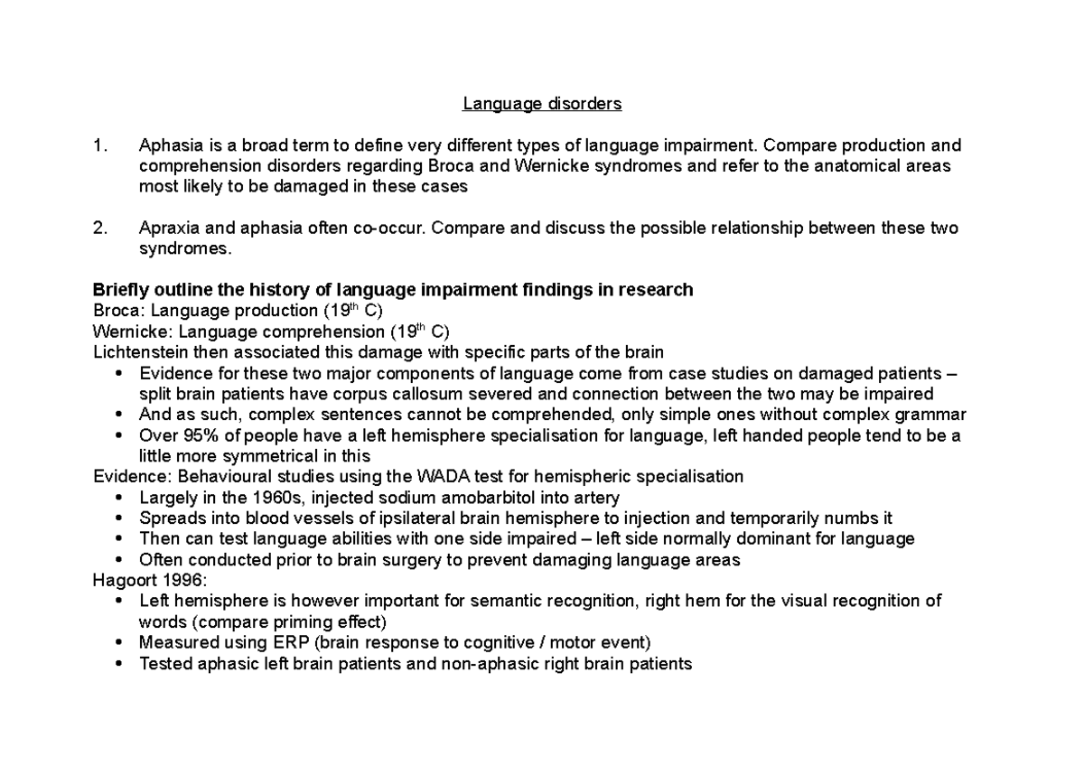Language disorders practice questions - Language disorders Aphasia is a ...