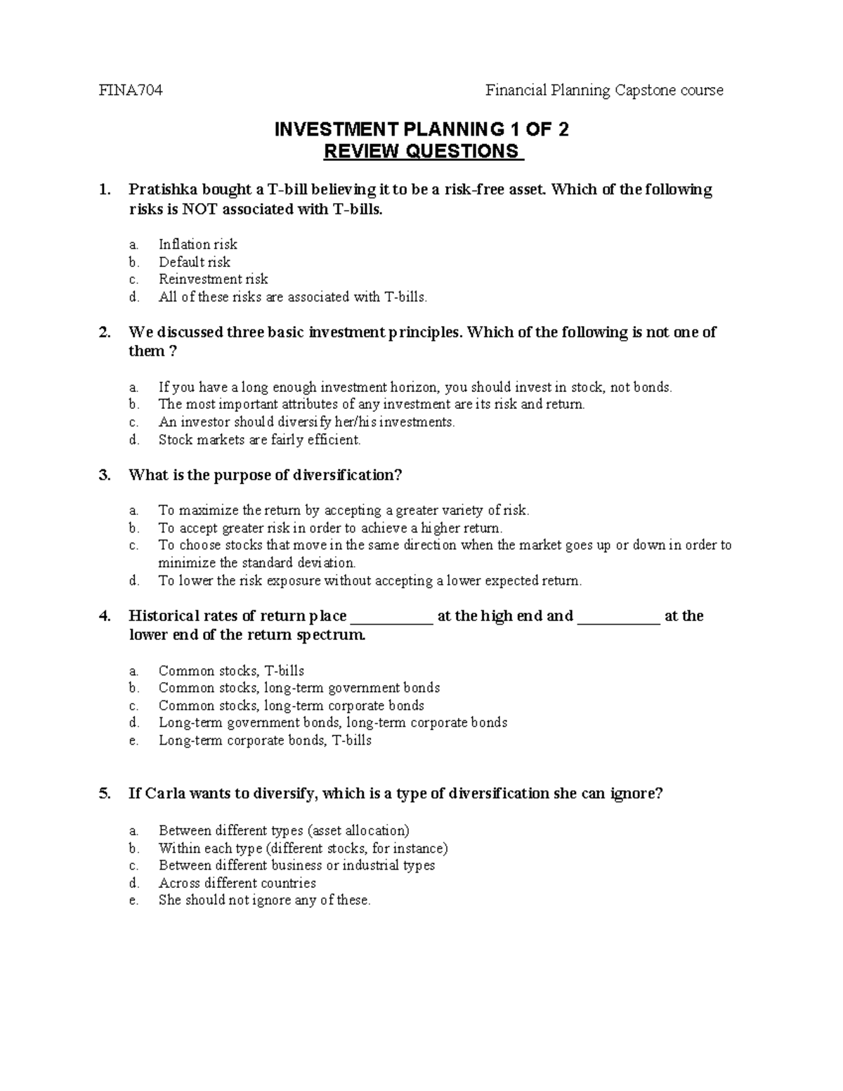 Investments 1 of 2 Review Questions - Questions ONLY - FINA704 ...