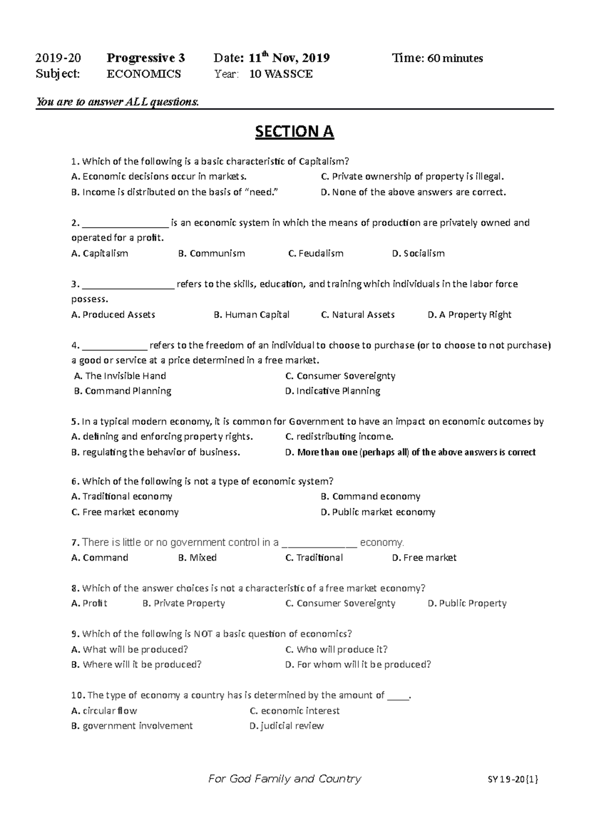 Economic System - 2019-20 Progressive 3 Date: 11th Nov, 2019 Time: 60 ...