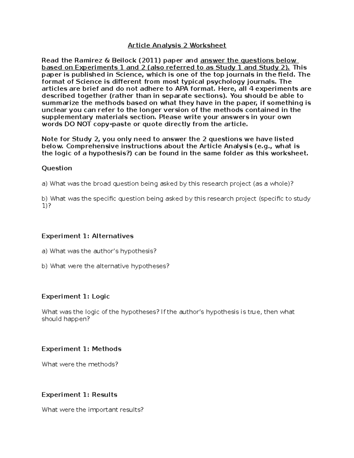 Psychology 10 - Professor Clark - Article Analysis 2 worksheet ...