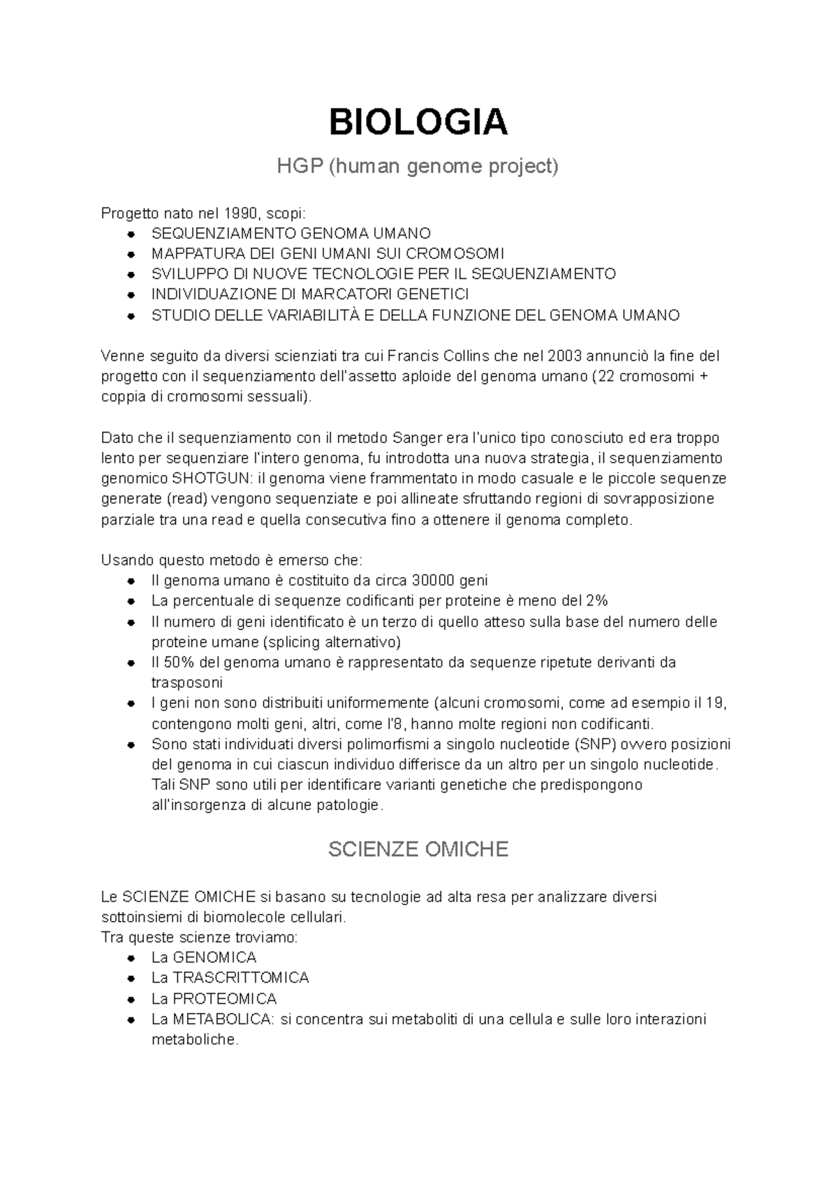 Biologia - Appunti su HGP, scienze omiche, genomica, trascrittomica, proteomica - BIOLOGIA HGP ...