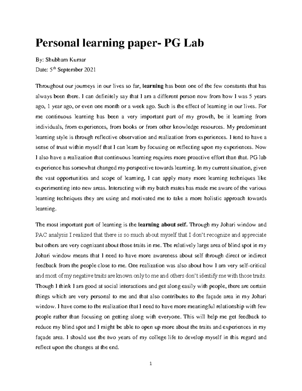 PLP Shubham Kumar Div C 169 - Personal learning paper- PG Lab By ...