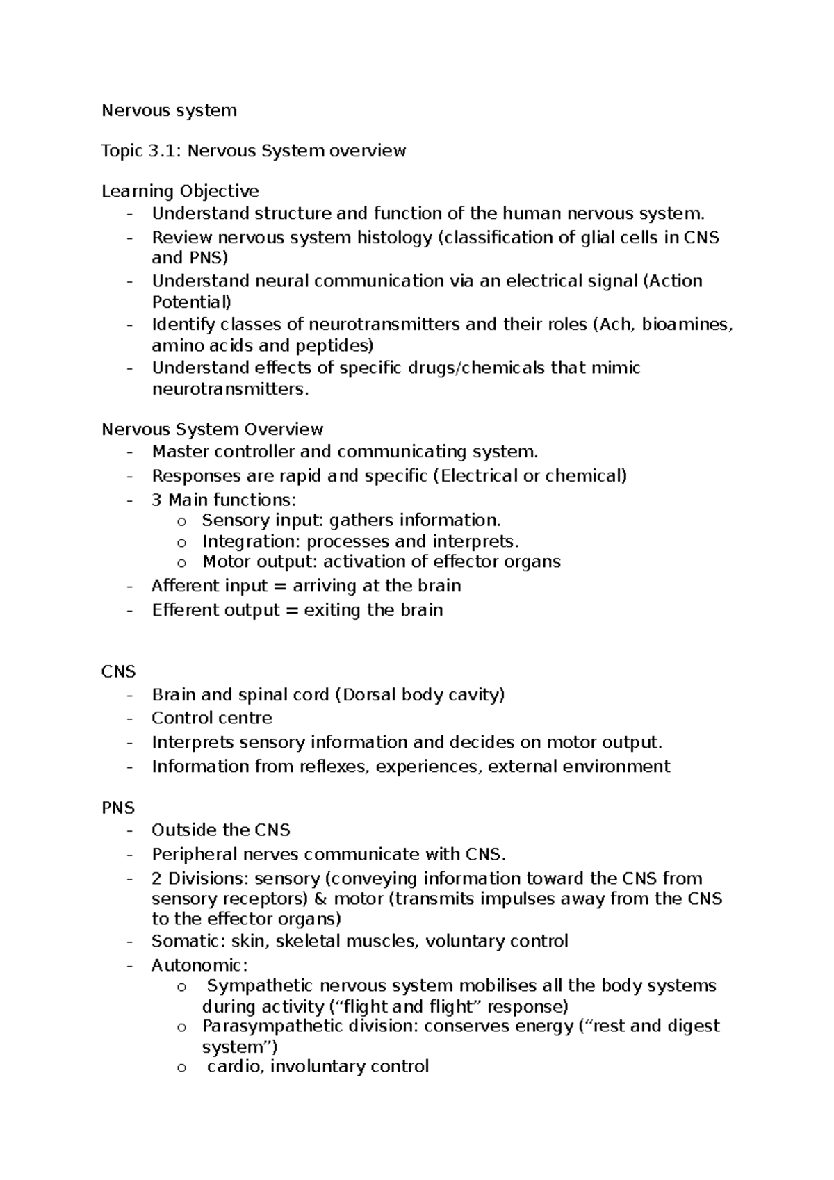 Nervous system - DONE - Nervous system Topic 3: Nervous System overview Learning Objective ...