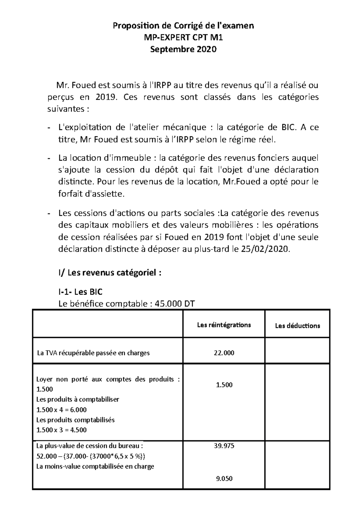 Corrigé de l exam M1 septembre 2020 fisc - Proposition de Corrigé de l'examen MP-EXPERT CPT M ...
