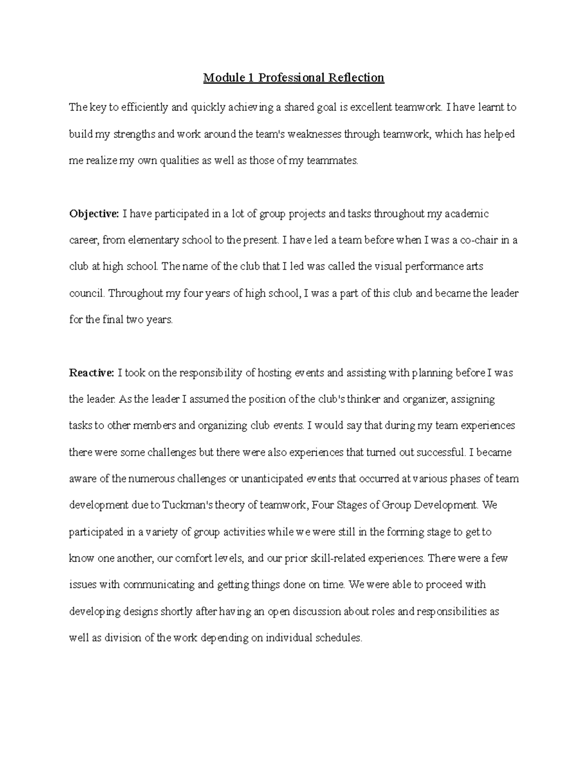 Module 1 Professional Reflection - Module 1 Professional Reflection The ...