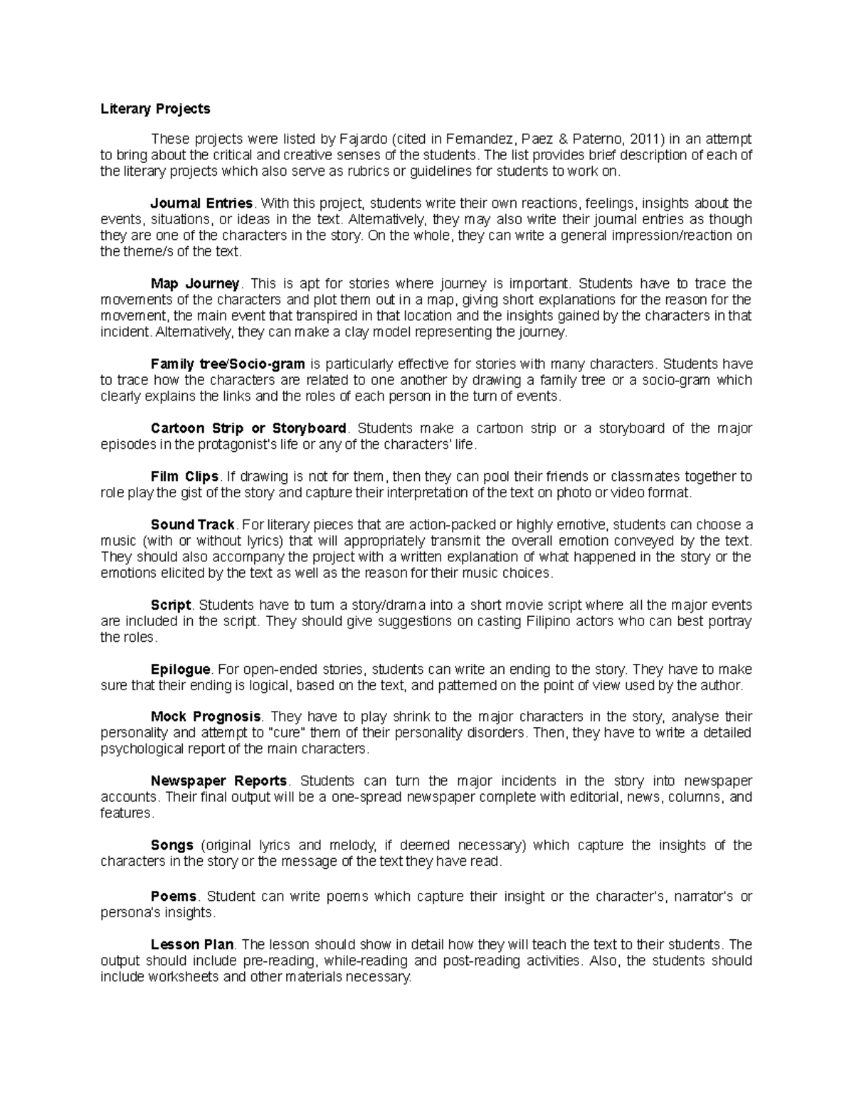 Literary Projects and Assessment Tools - Literary Projects These ...