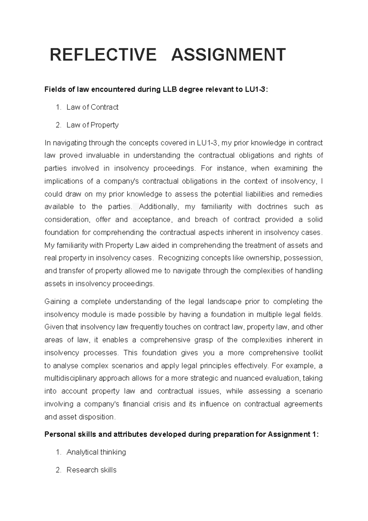 Reflective Assignment - REFLECTIVE ASSIGNMENT Fields of law encountered ...