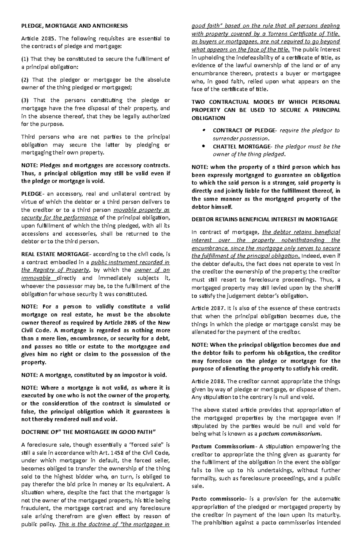 Pledge - fewfewf - PLEDGE, MORTGAGE AND ANTICHRESIS Article 2085. The ...