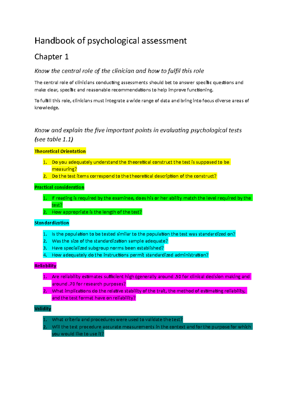 Studyguide Handbook of psychological assesment - Handbook of ...