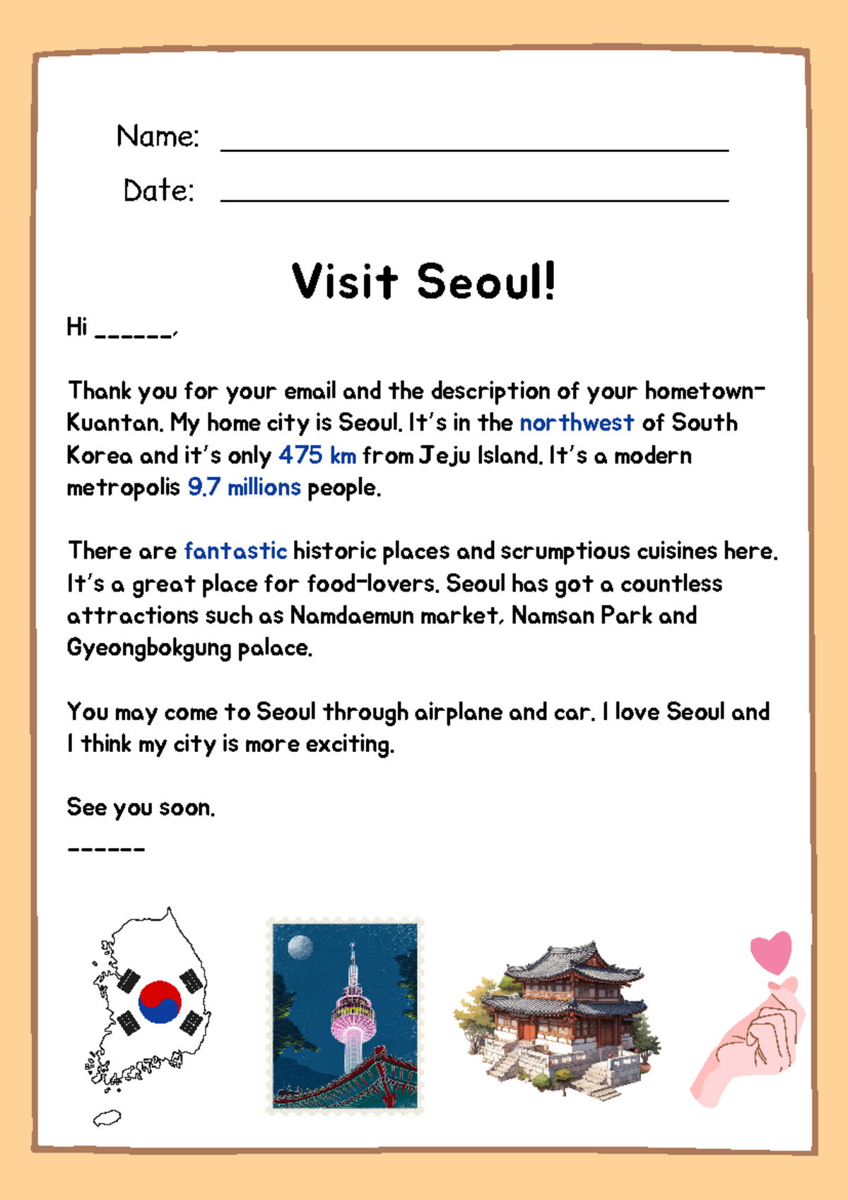 Brown-White English Reading Comprehension Worksheet - Visit Seoul! Hi ...