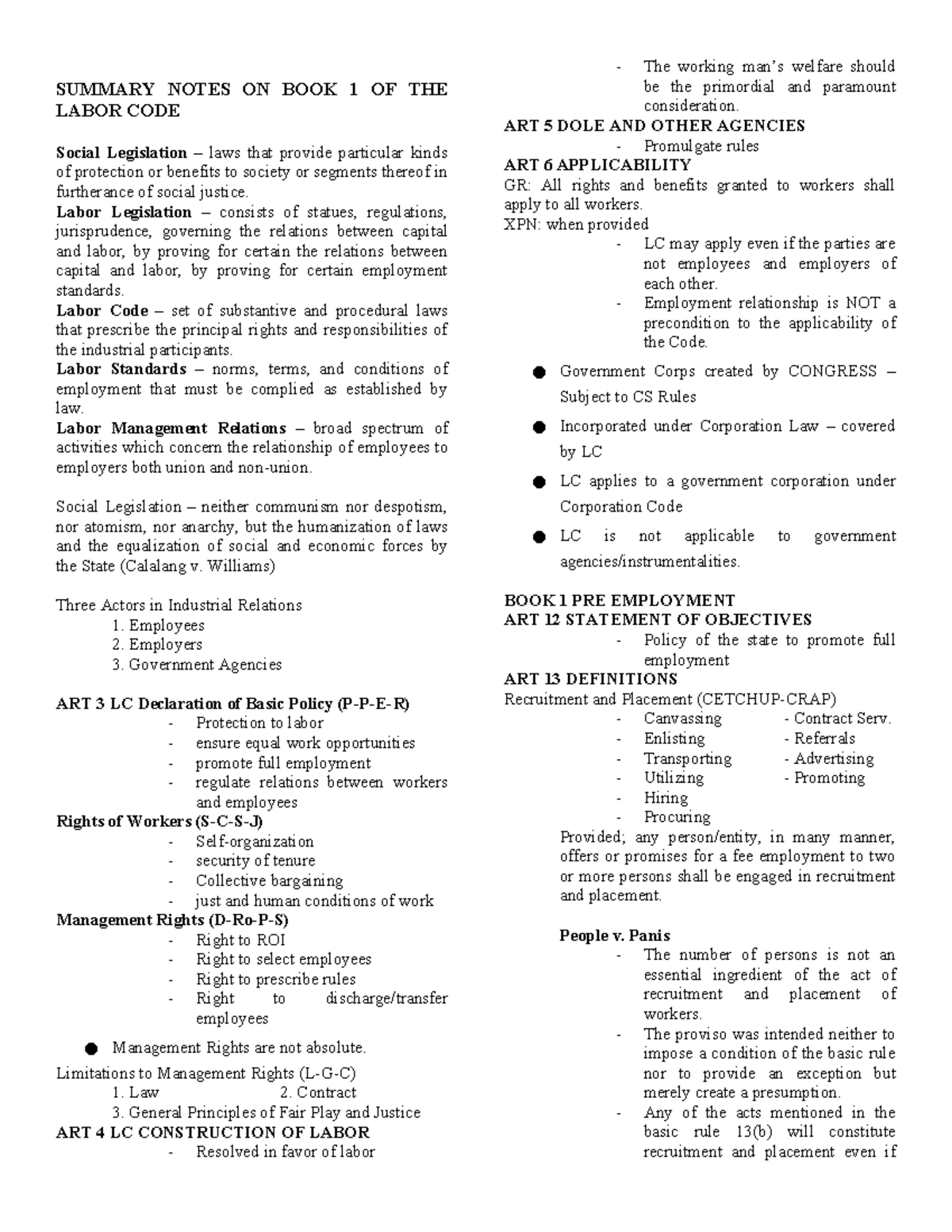 LC Book 1 Notes Summary - SUMMARY NOTES ON BOOK 1 OF THE LABOR CODE ...