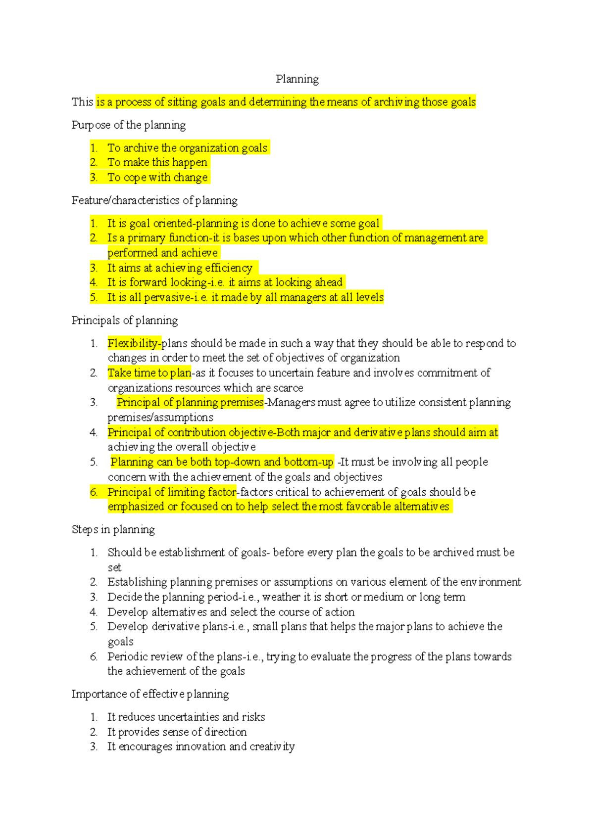 Ppm-1 - NOTES - Planning This is a process of sitting goals and ...