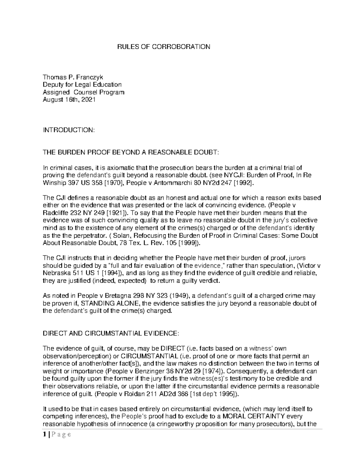 Corroboration - RULES OF CORROBORATION Thomas P. Franczyk Deputy for ...