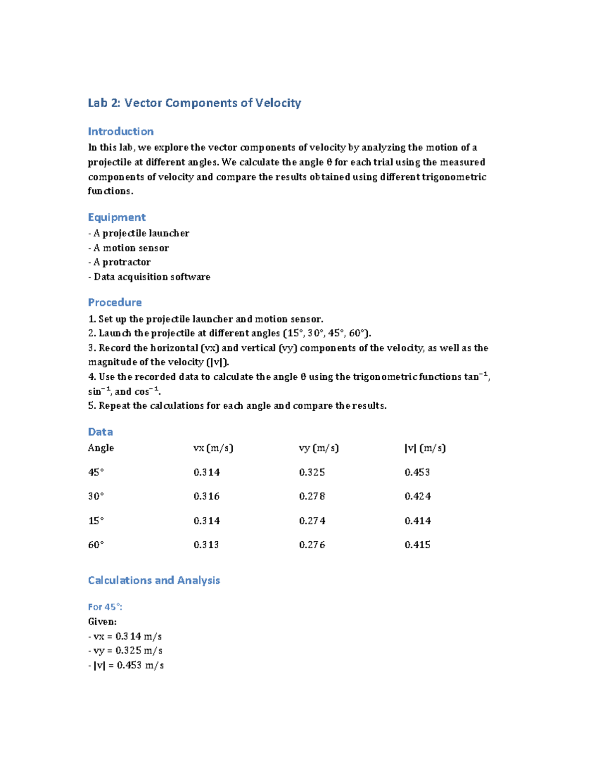 Lab 2: Analyzing Vector Components of Velocity and Their Angles - Lab 2: Vector Components of ...