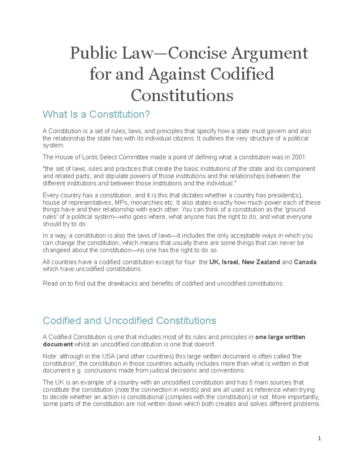 Public Law—Concise Argument for and Against Codified Constitutions ...