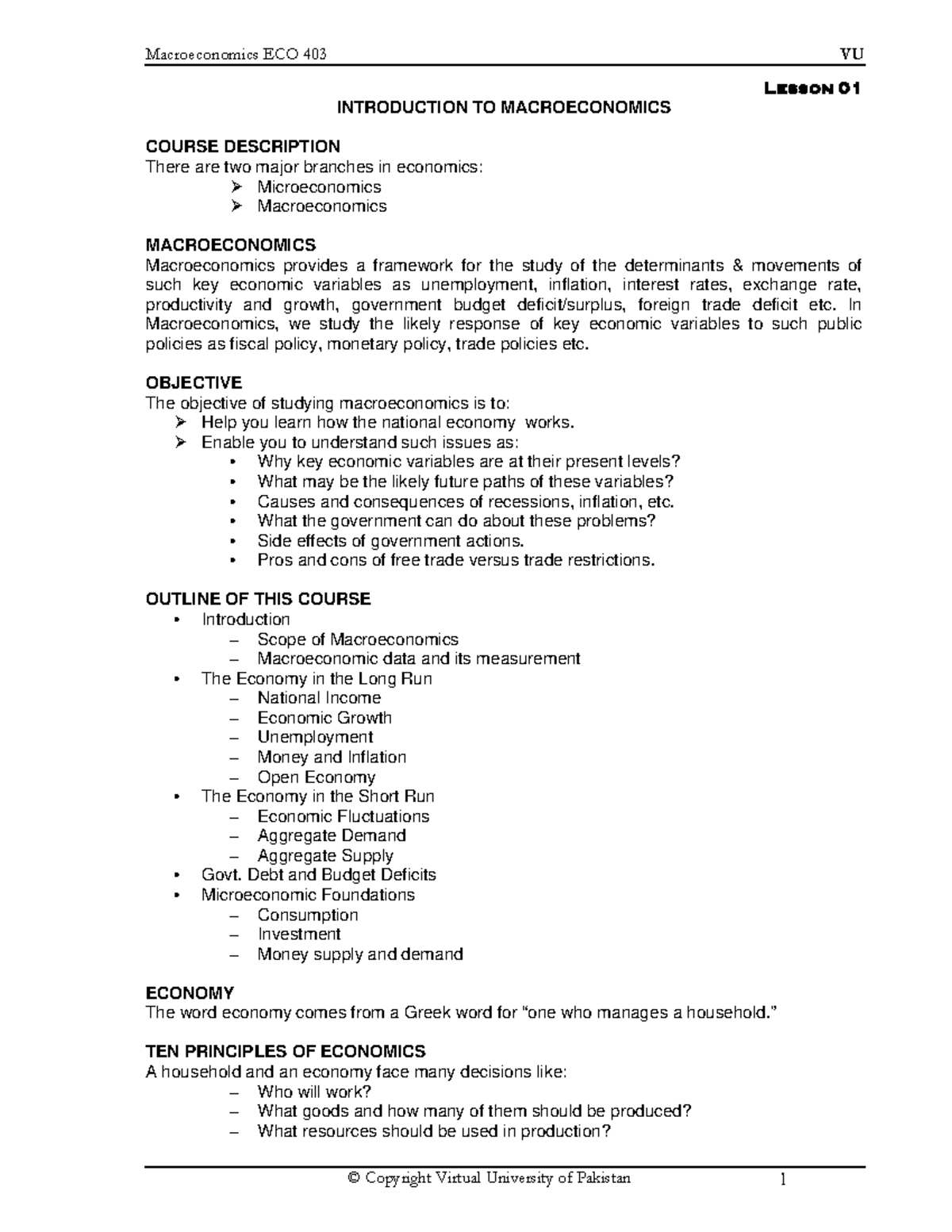 ECO403 handouts 1 45 - Detail lectures slides - Lesson 01 INTRODUCTION TO MACROECONOMICS COURSE ...