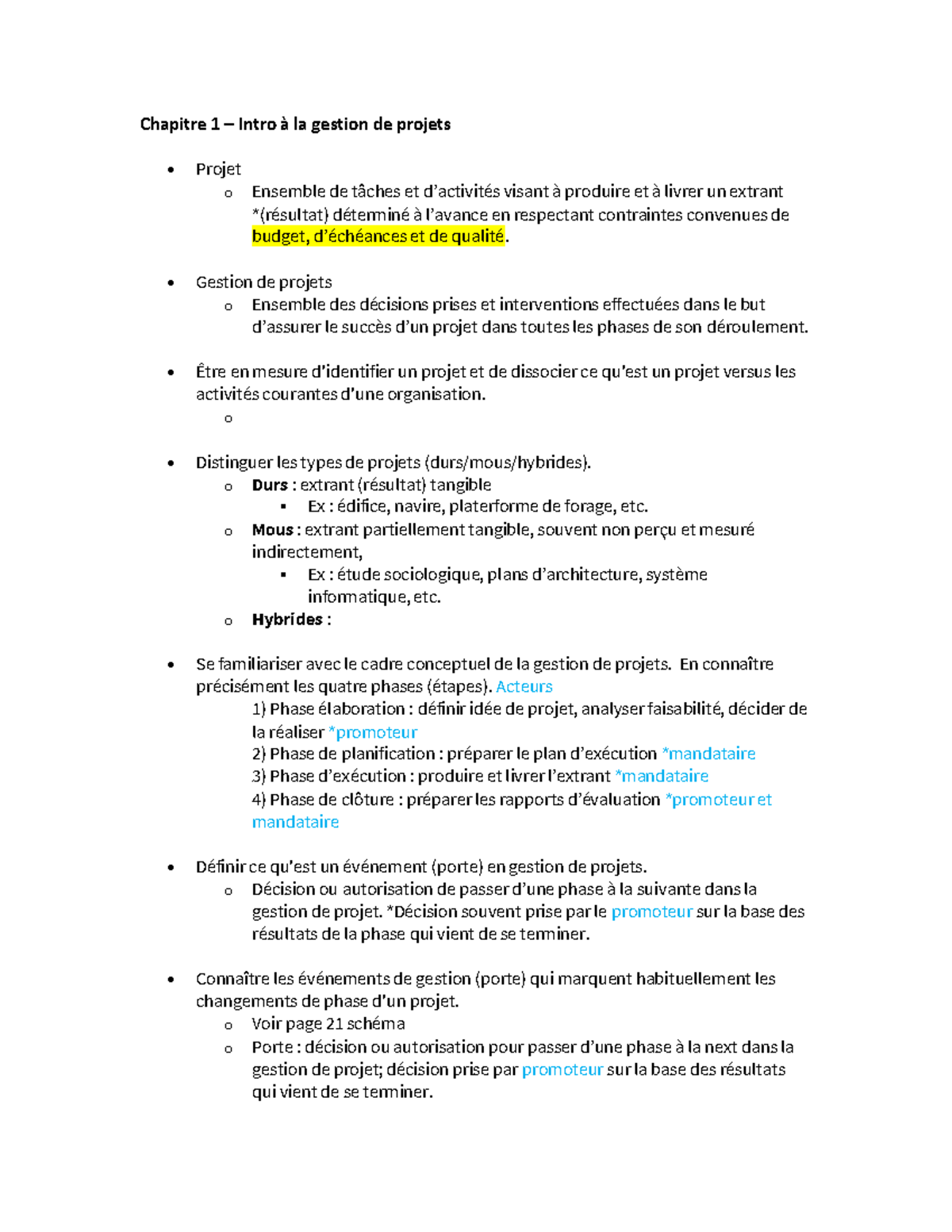 Livrable 1 - notes - Chapitre 1 – Intro à la gestion de projets Projet ...