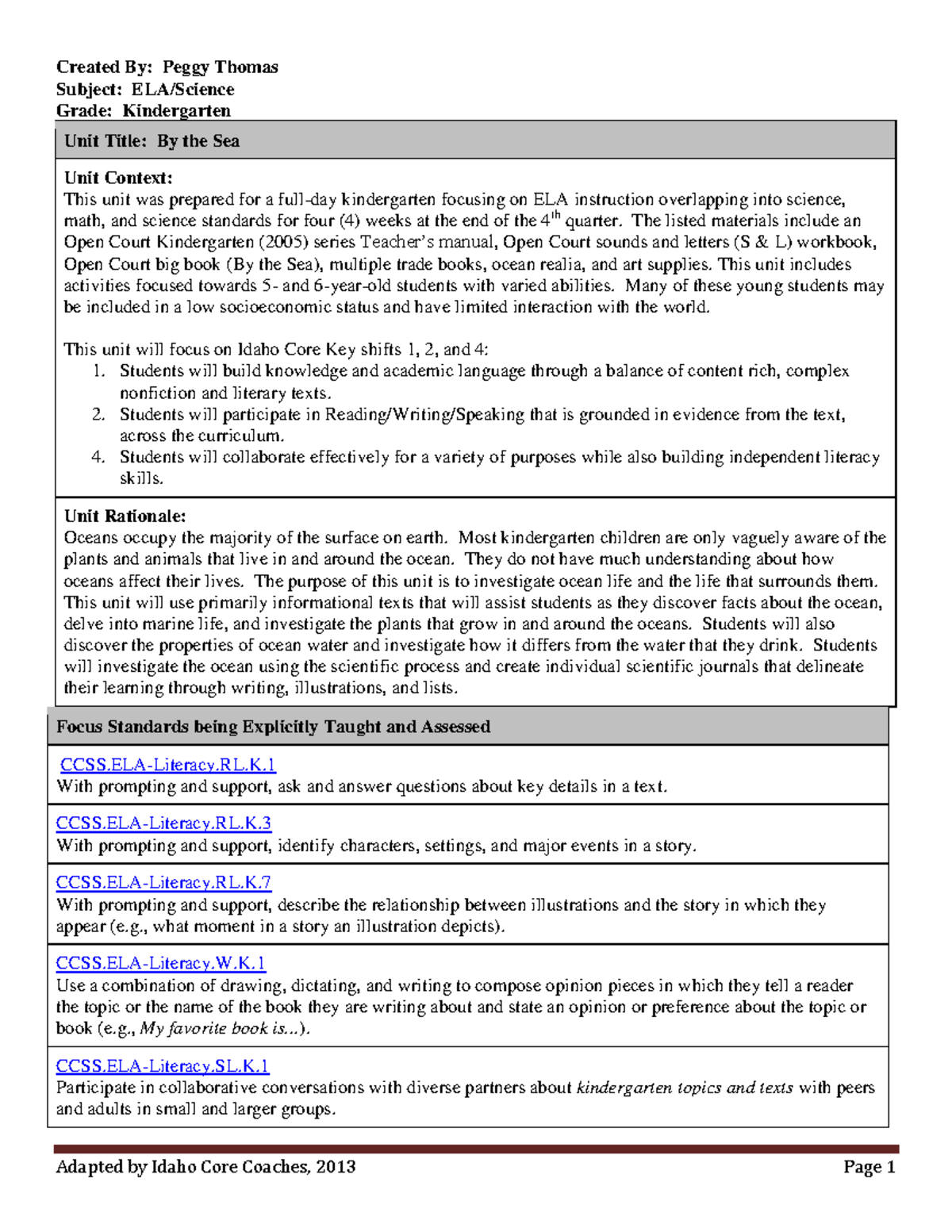 By the Sea Unit Plan - Lesson plan template - Created By: Peggy Thomas ...