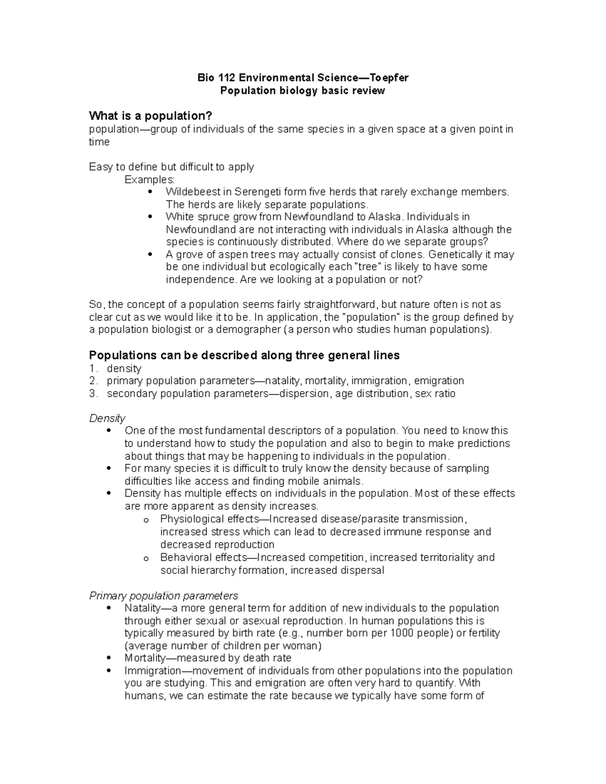Population biology basics review - Bio 112 Environmental Science ...