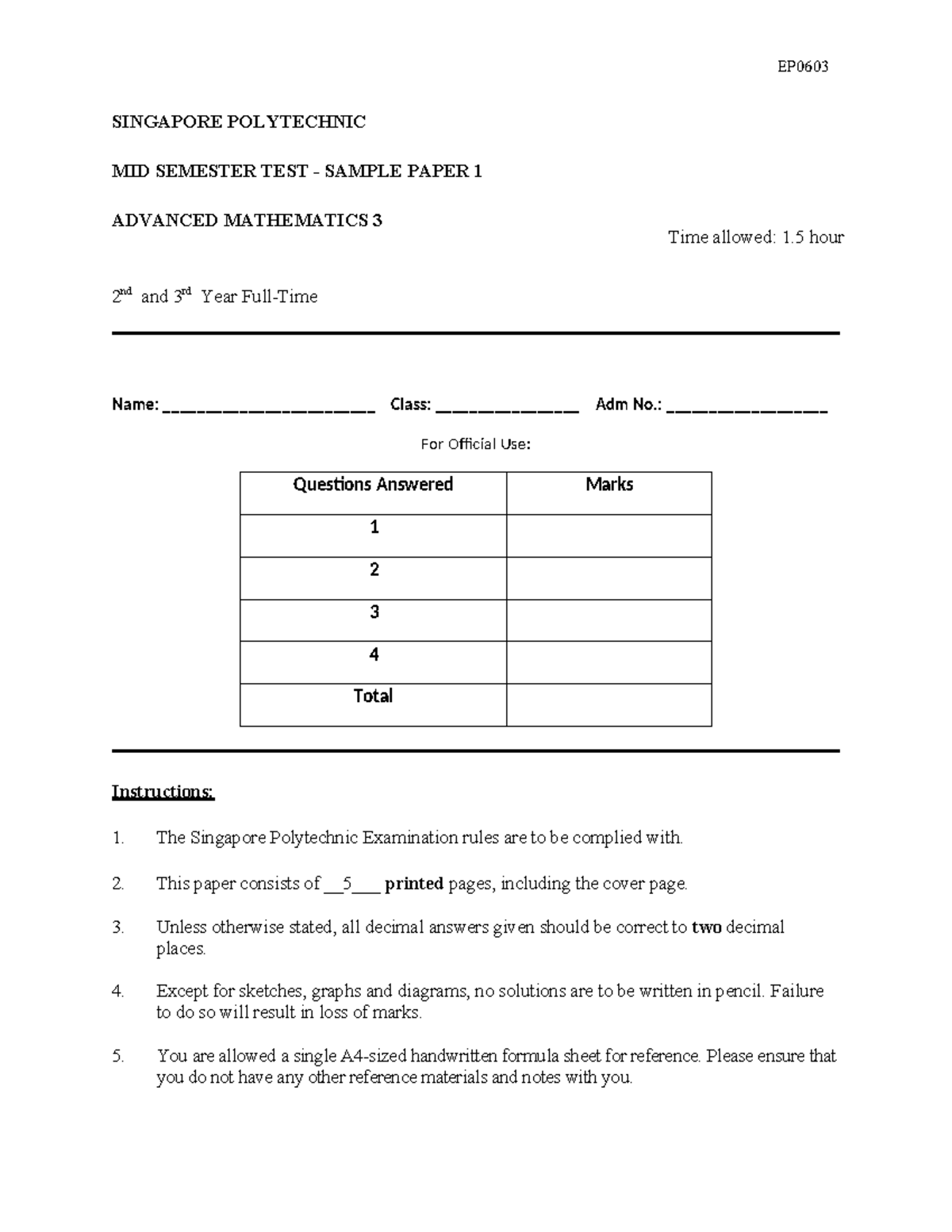 MST Sample Paper 1 - SINGAPORE POLYTECHNIC MID SEMESTER TEST - SAMPLE ...