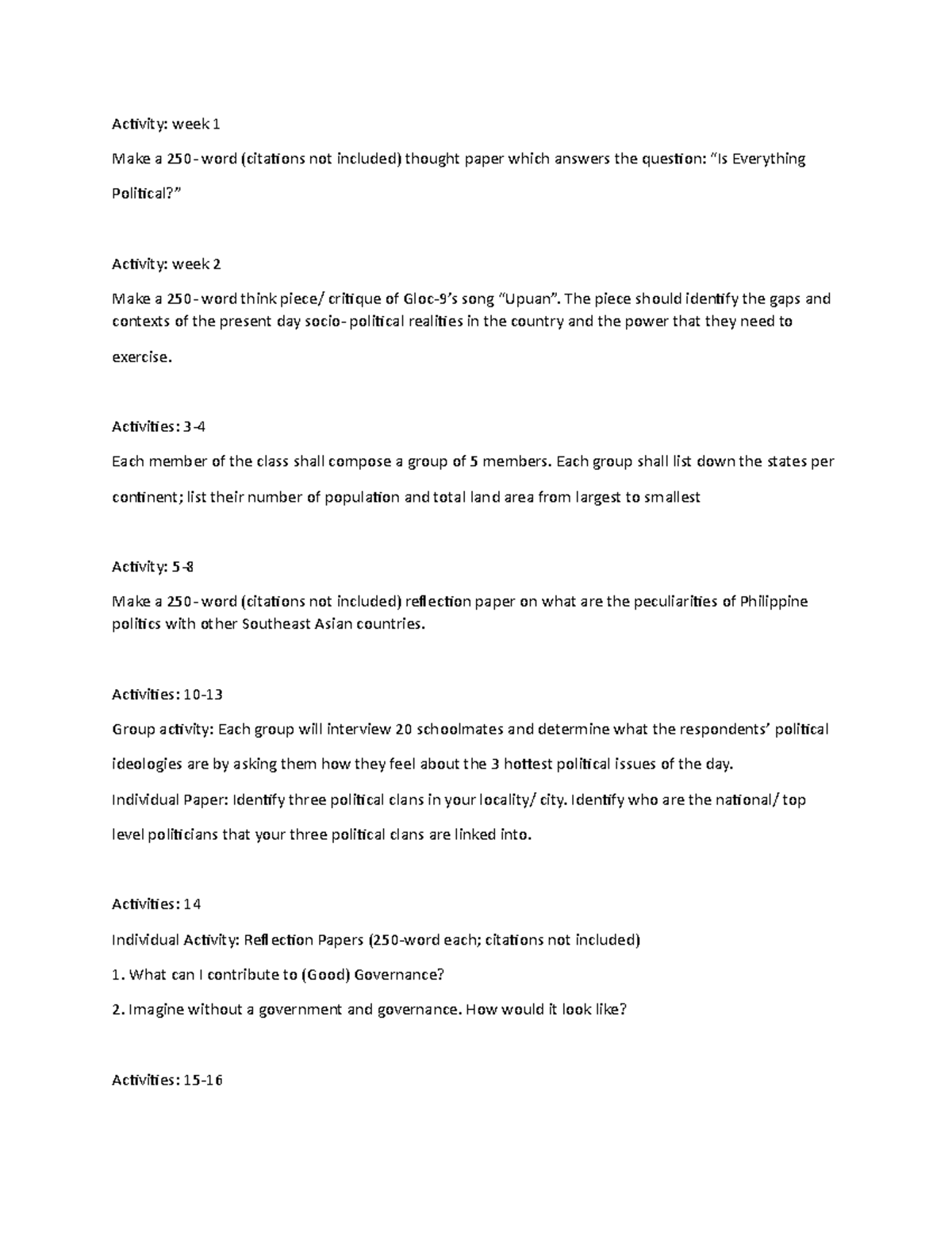 Polgov activities - Activity: week 1 Make a 250- word (citations not ...