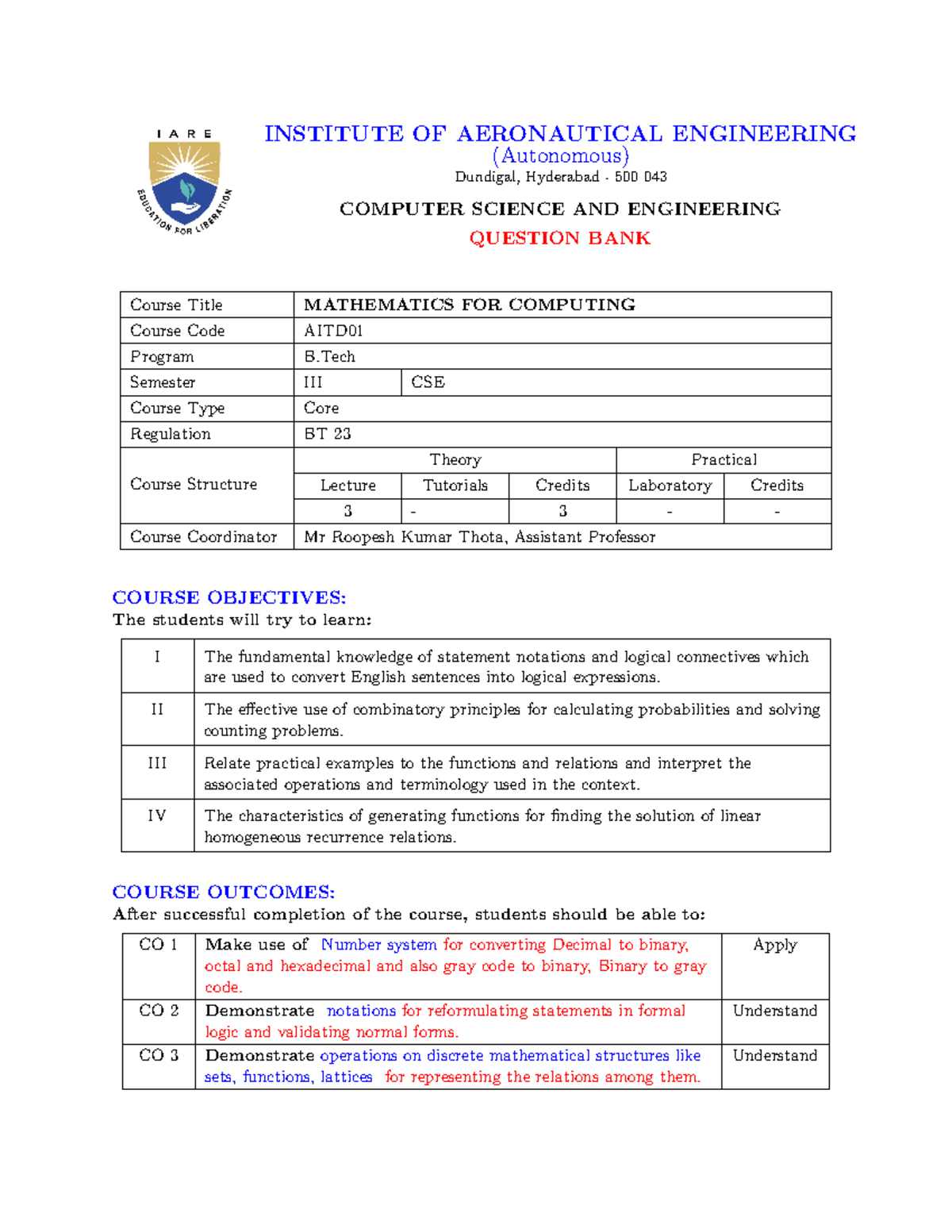 Mfcqb Question Bank Institute Of Aeronautical Engineering Autonomous Dundigal Hyderabad