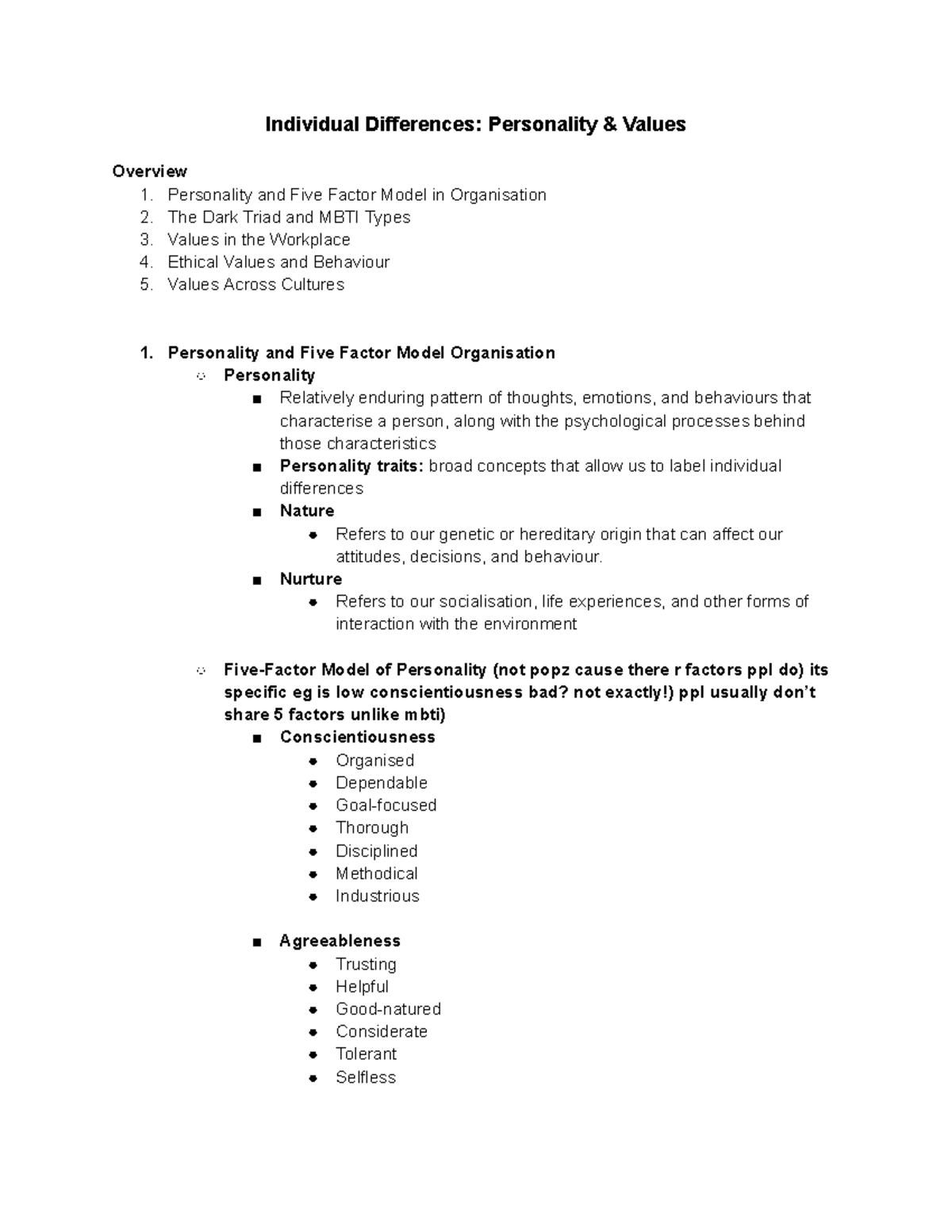 ob week 3 notes - Individual Differences: Personality & Values Overview ...