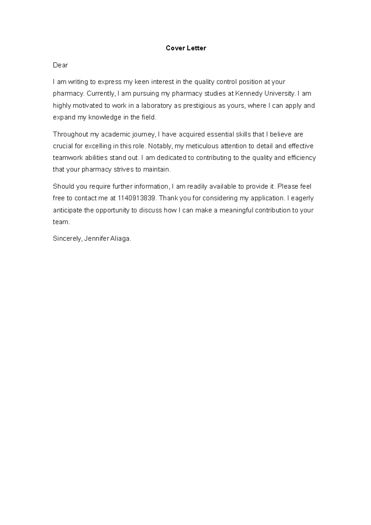 Cover Letter - sssss - Cover Letter Dear I am writing to express my ...