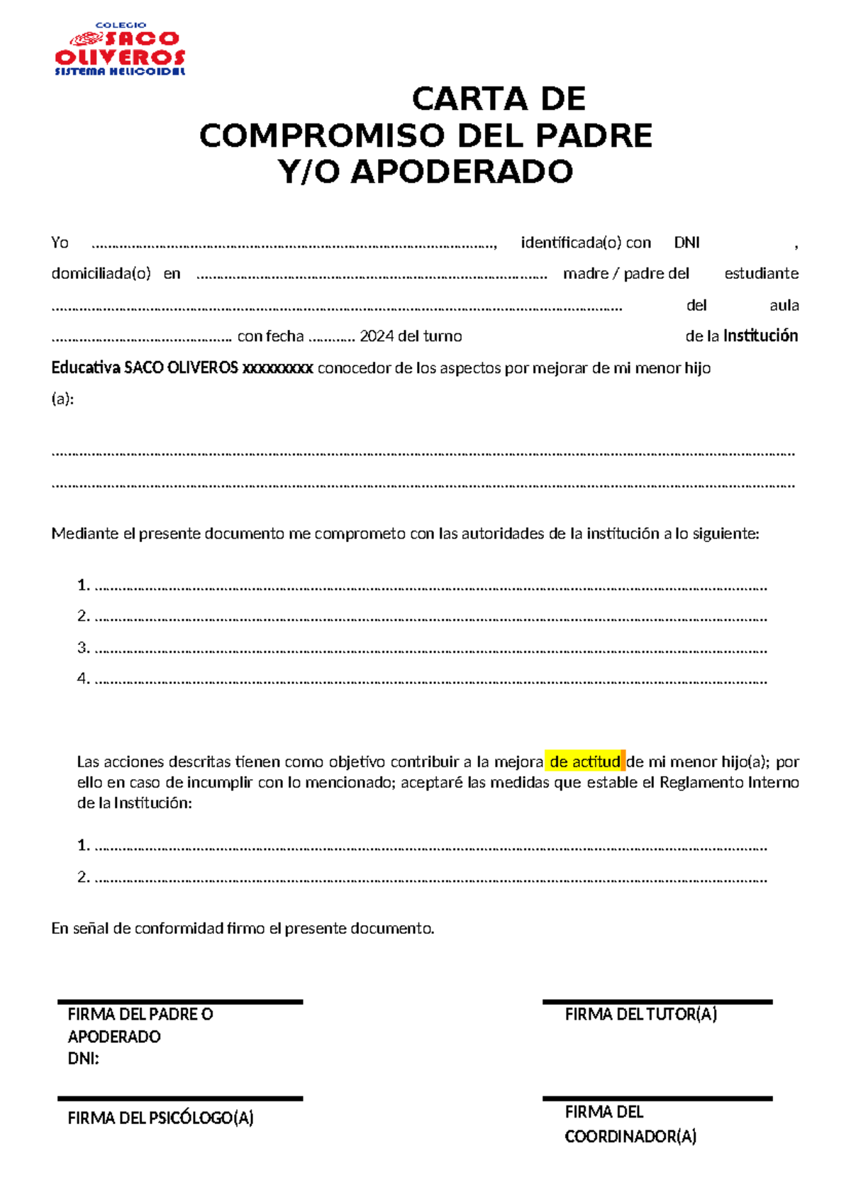 Carta DE Compromiso 2024 - CARTA DE COMPROMISO DEL PADRE Y/O APODERADO Yo - Studocu