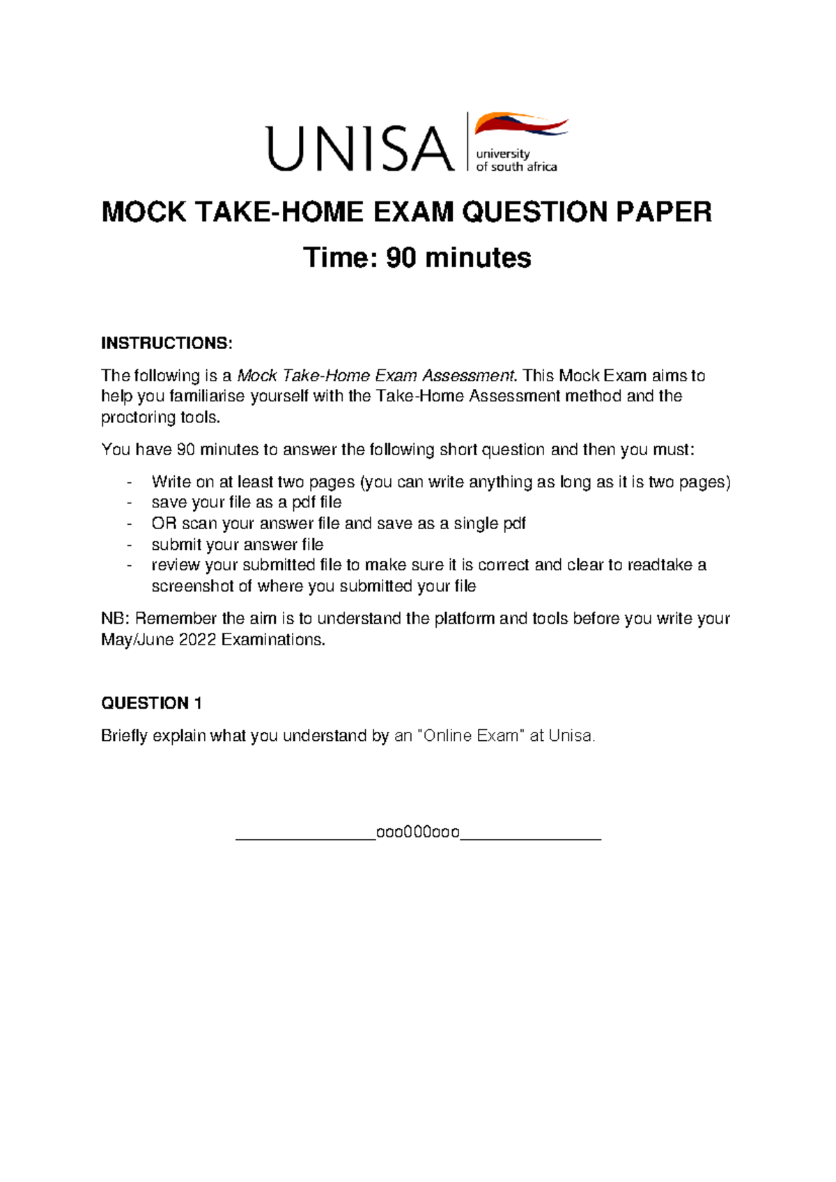 Mock Take-Home Exam Question Paper - MOCK TAKE-HOME EXAM QUESTION PAPER ...