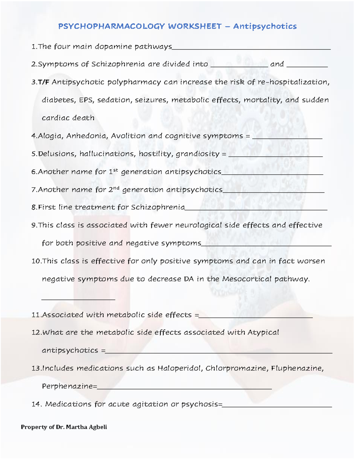 Antipsychotic Worksheet - PSYCHOPHARMACOLOGY WORKSHEET – Antipsychotics ...