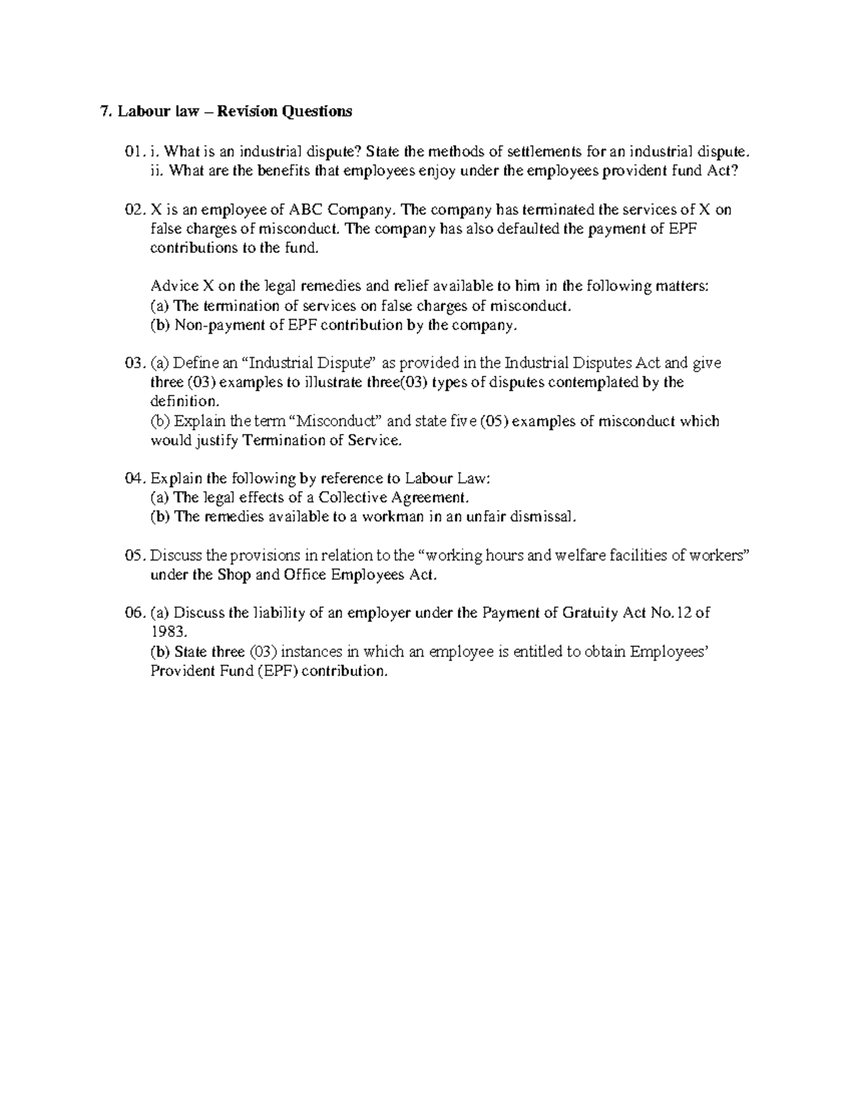 Labour law - revision questions - Labour law – Revision Questions i ...