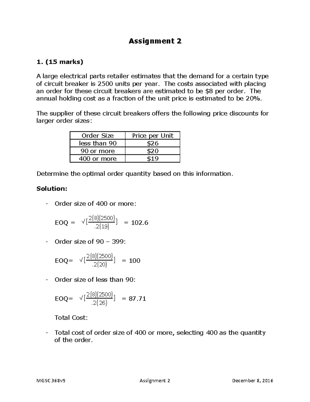 MGSC368 Assignment 2 Assignment 2 15 Marks A Large Electrical Parts mgsc368-assignment-2-assignment-2-15-marks-a-large-electrical-parts