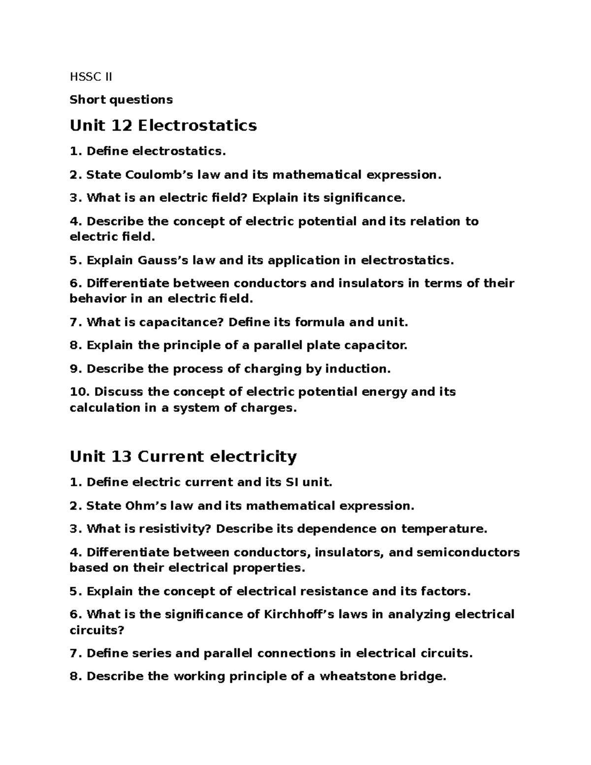 2nd year short questions - HSSC II Short questions Unit 12 Electrostatics 1. Define ...